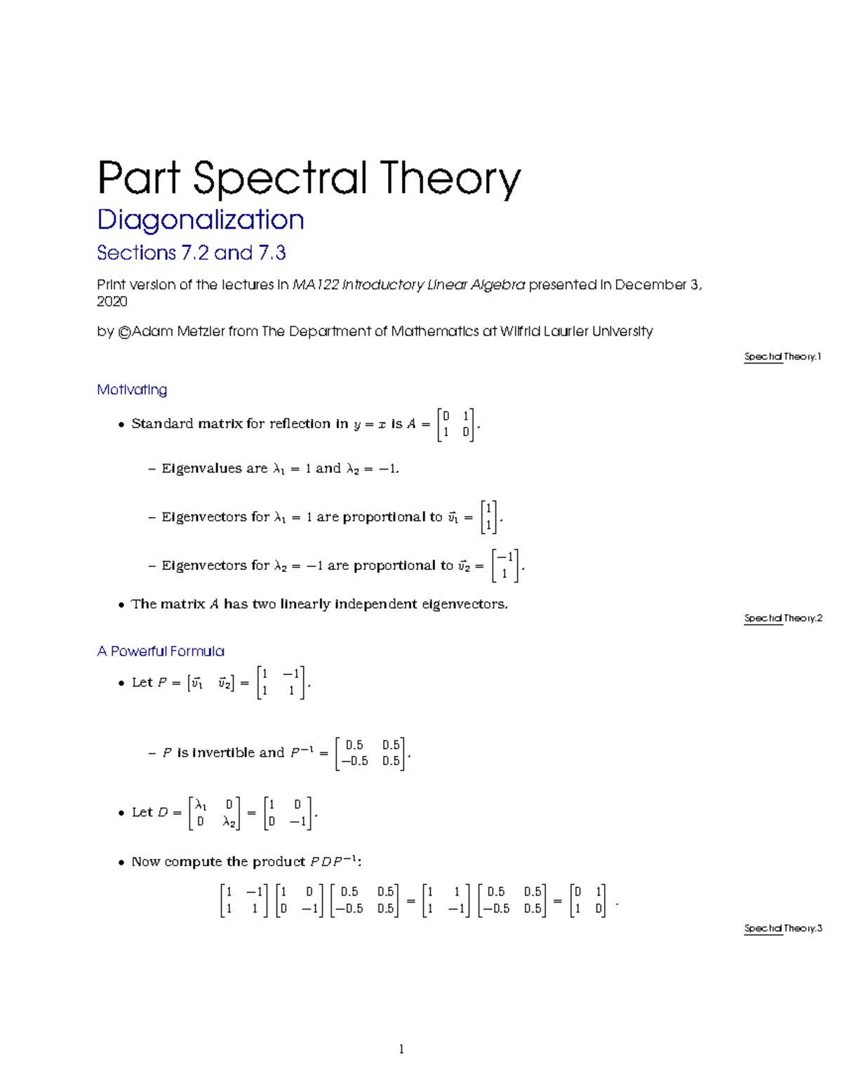 MA122 Diagonalization Notes - Part Spectral Theory Diagonalization ...