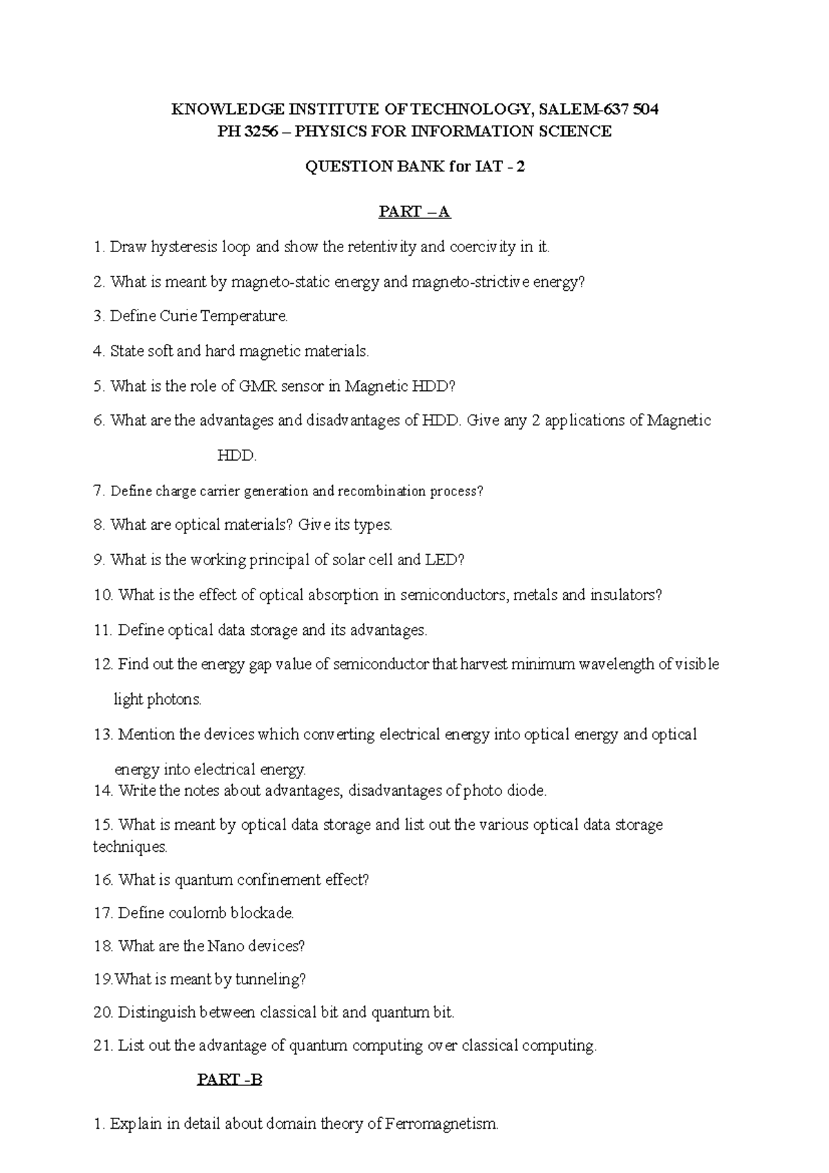 PIS Question BANK for IAT - 2 - KNOWLEDGE INSTITUTE OF TECHNOLOGY, SALEM-637 504 PH 3256 ...