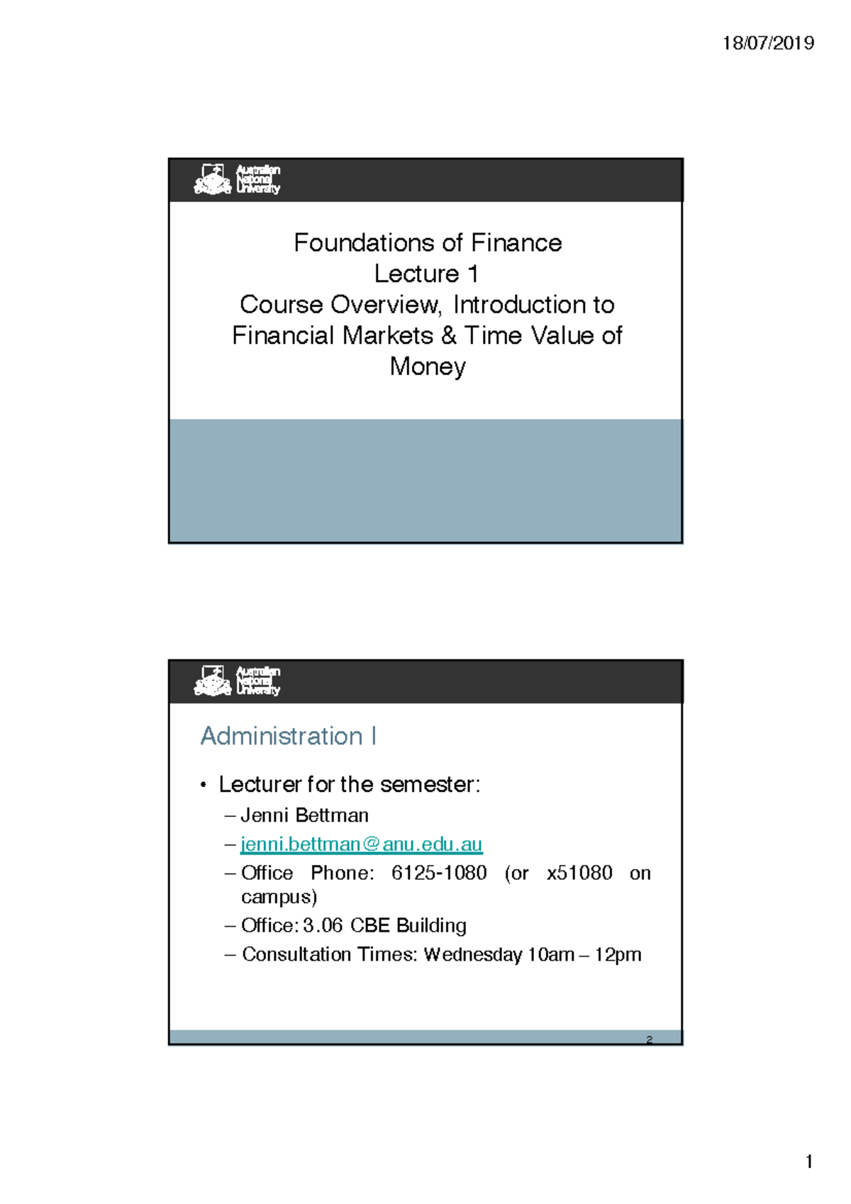 FINM1001 S2 2019 - Foundations of Finance Lecture 1 Course Overview ...