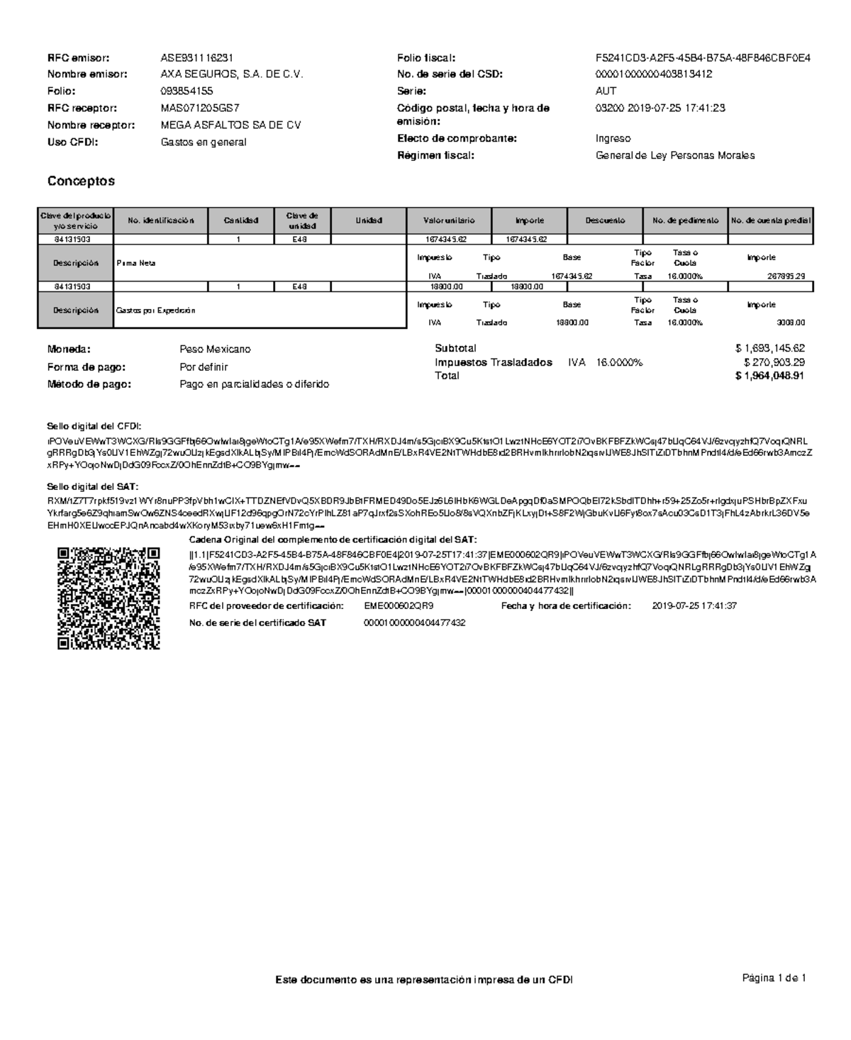 F5241CD3 A2F5 45B4 B75A 48F846CBF0E4 - Nombre emisor: AXA SEGUROS, S. DE C. Folio: 093854155 RFC ...