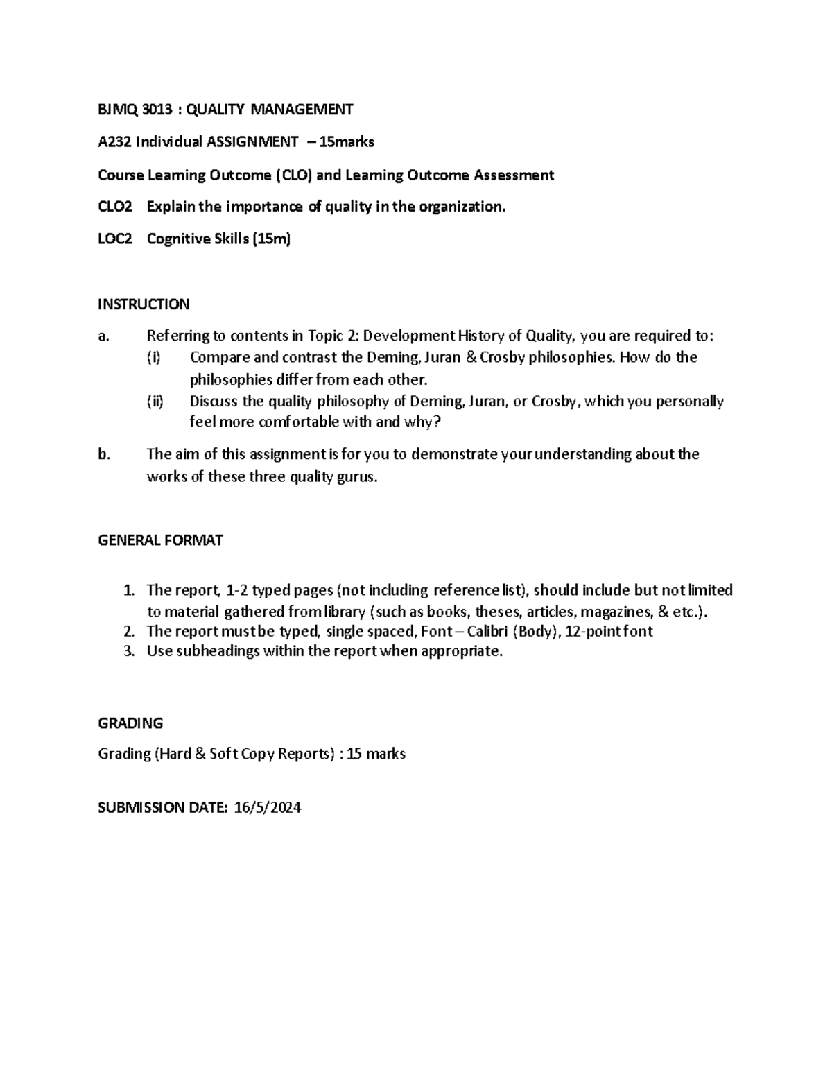 Individual Assignment (15m) A232 - BJMQ 3013 : QUALITY MANAGEMENT A23 2 ...