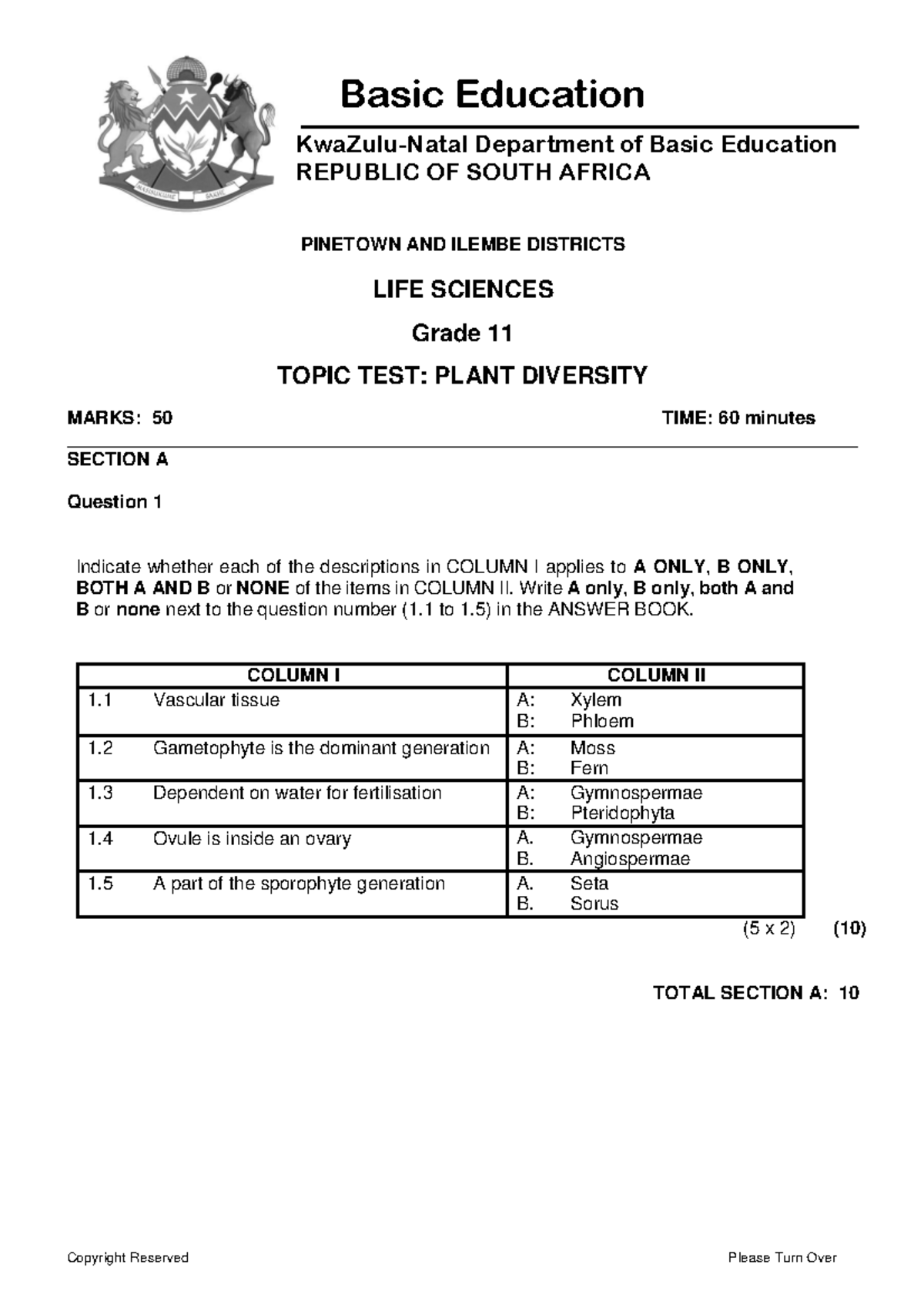 04 Biodiversity in plants topic test - Basic Education KwaZulu-Natal ...