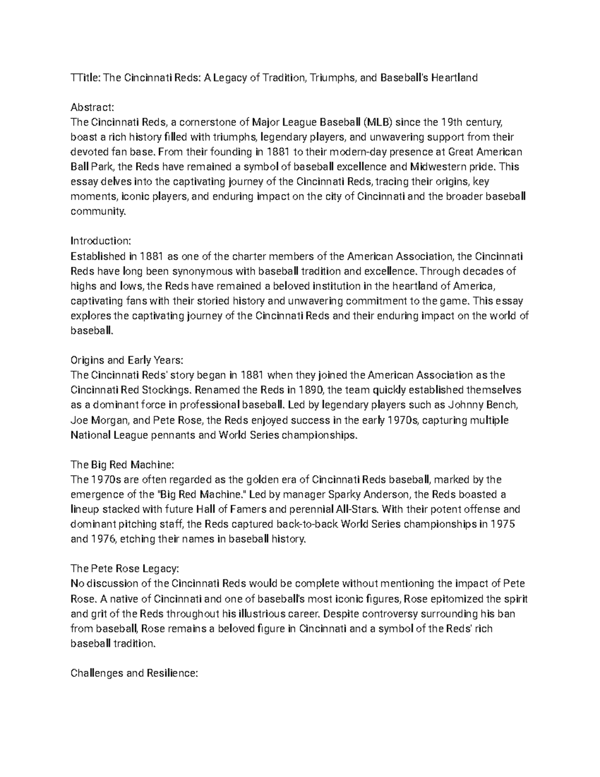 Essay 1 - TTitle: The Cincinnati Reds: A Legacy of Tradition, Triumphs ...