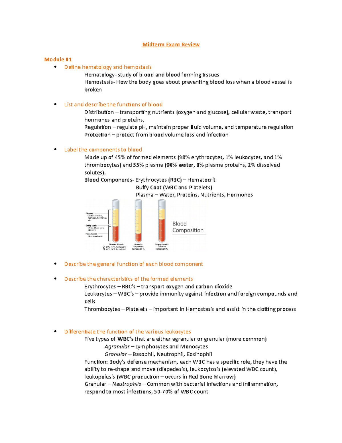 Midterm Exam REview - Midterm Exam Review Module 01 Define hematology ...
