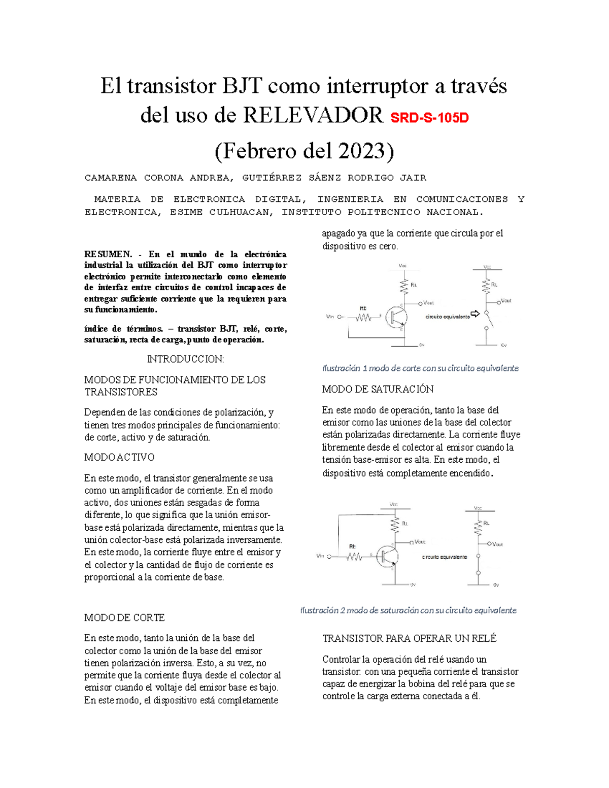 Practica 1 E - El transistor BJT como interruptor a través del uso de RELEVADOR SRD-S-105D ...