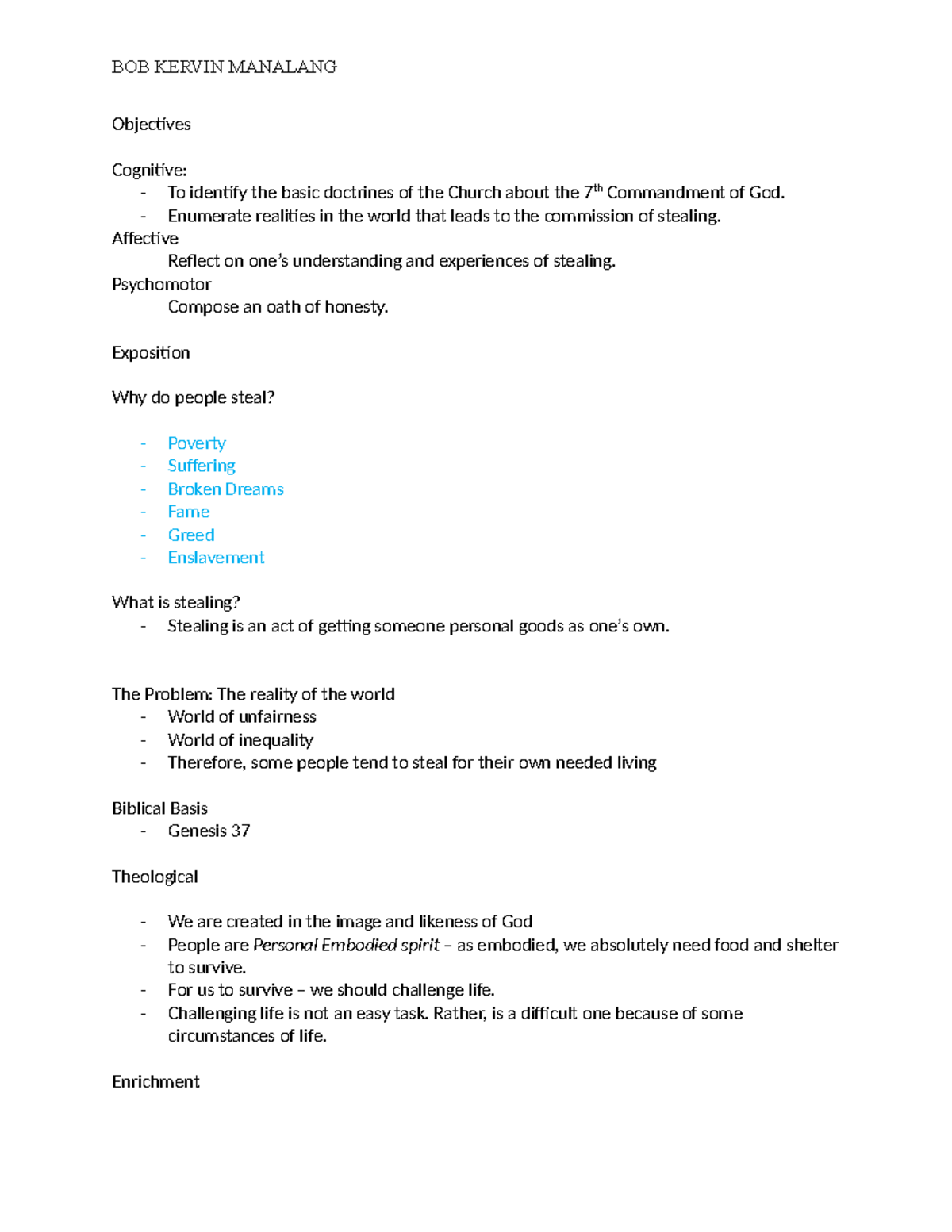 Lesson Plan - cxcxcx - BOB KERVIN MANALANG Objectives Cognitive: - To ...