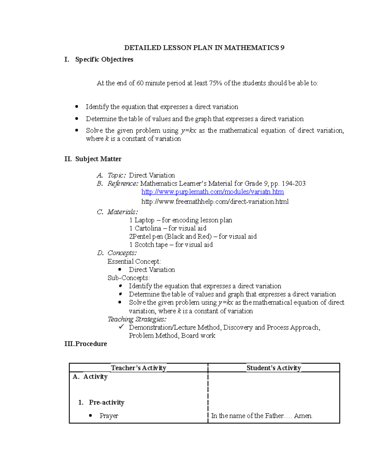 Direct Variation - DETAILED LESSON PLAN IN MATHEMATICS 9 I. Specific ...