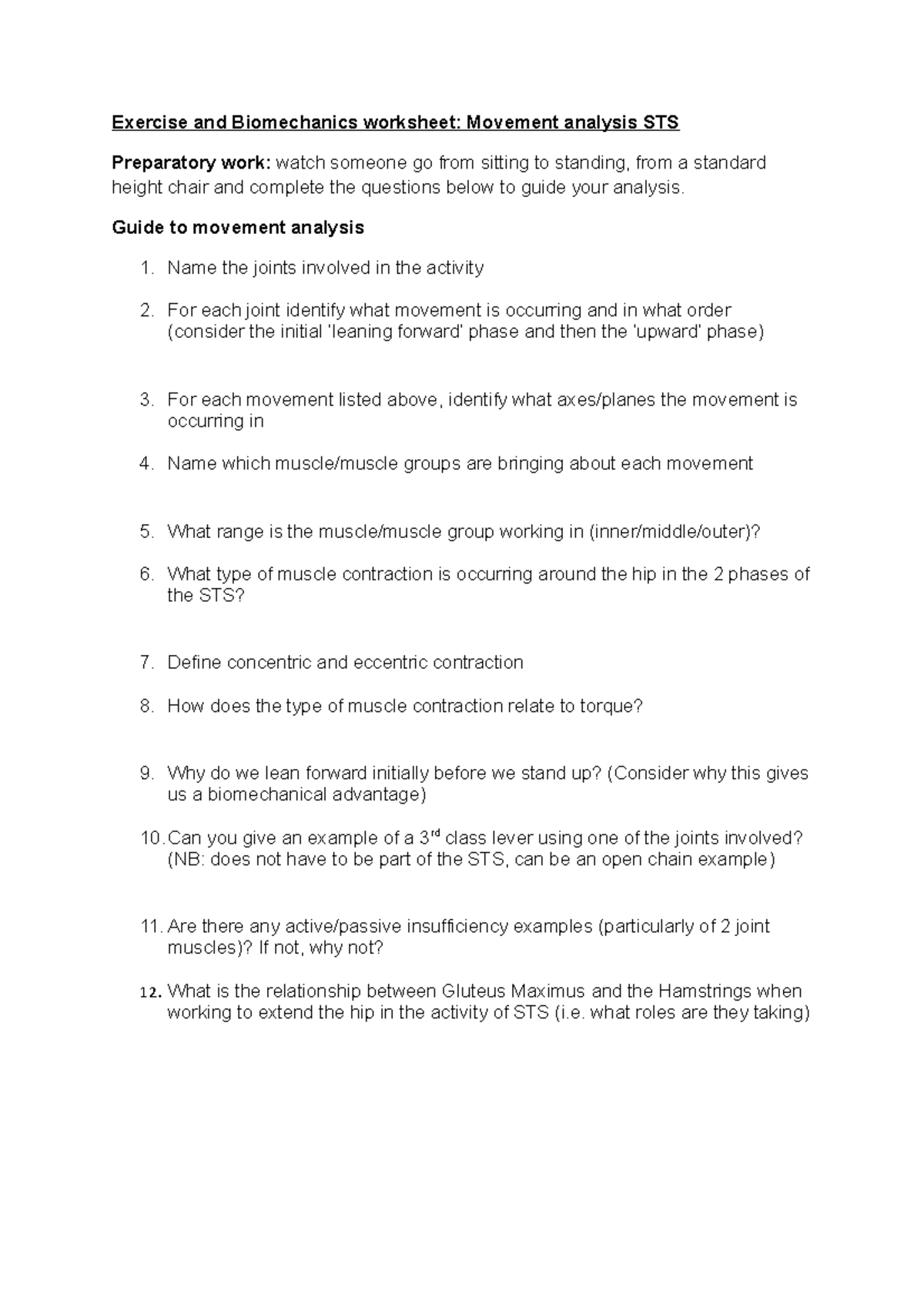Preparatory work STS (1) copy - Exercise and Biomechanics worksheet ...