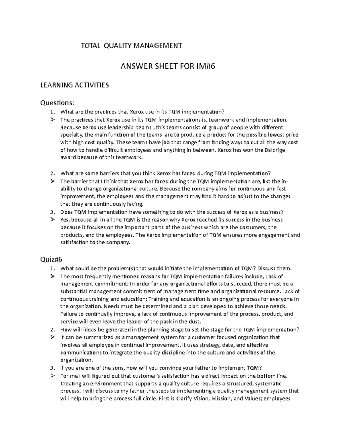 Total Quality Manangement IM NO - TOTAL QUALITY MANAGEMENT ANSWER SHEET ...