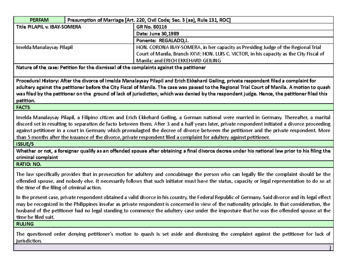 Case 2 - vbxvbb - PERFAM Presumption of Marriage [Art. 220, Civil Code ...