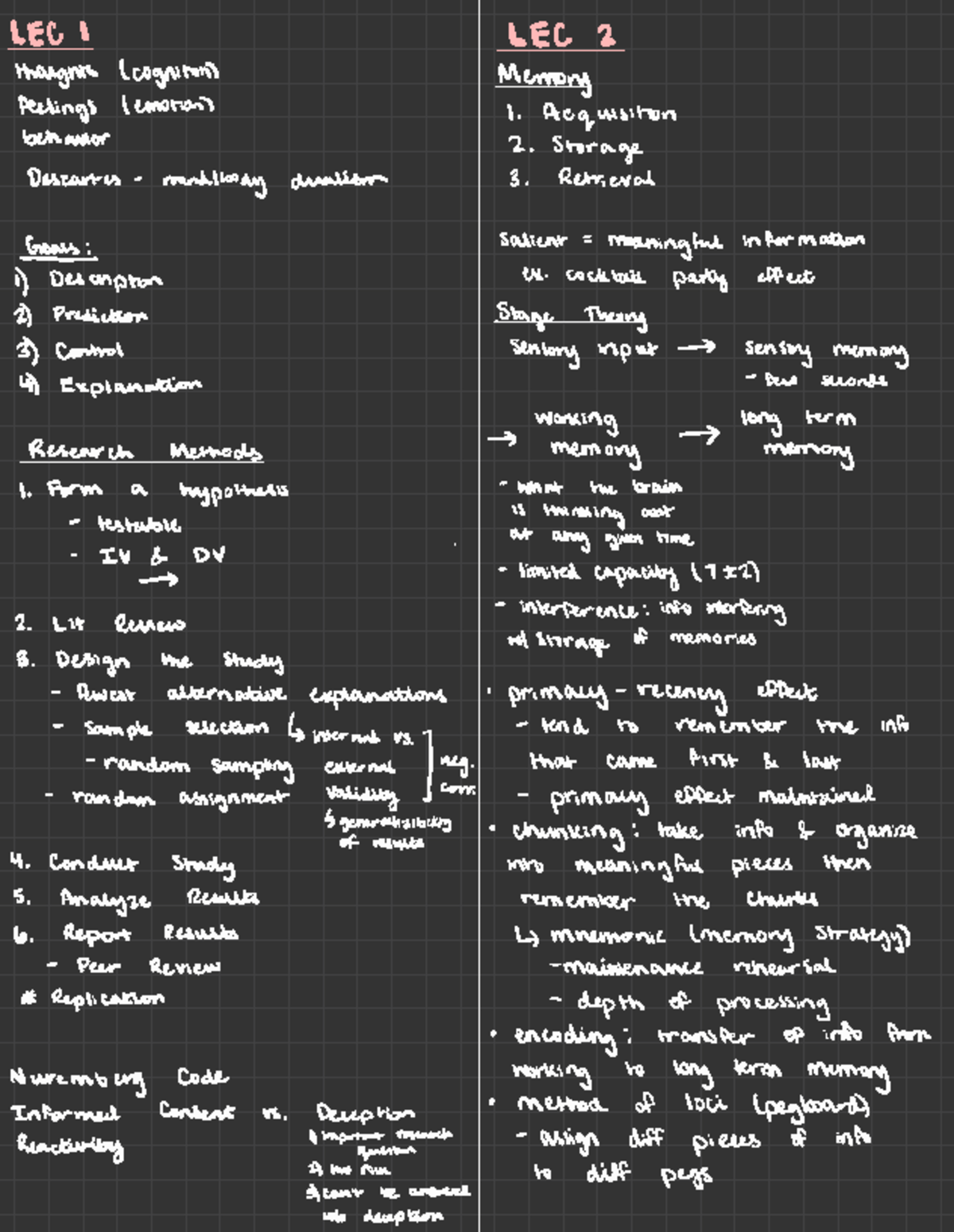 PSYC001 Lecs 1 & 2 - Research Methods, Memory - LEC 1 LEC 2 thoughts ( cognition ...
