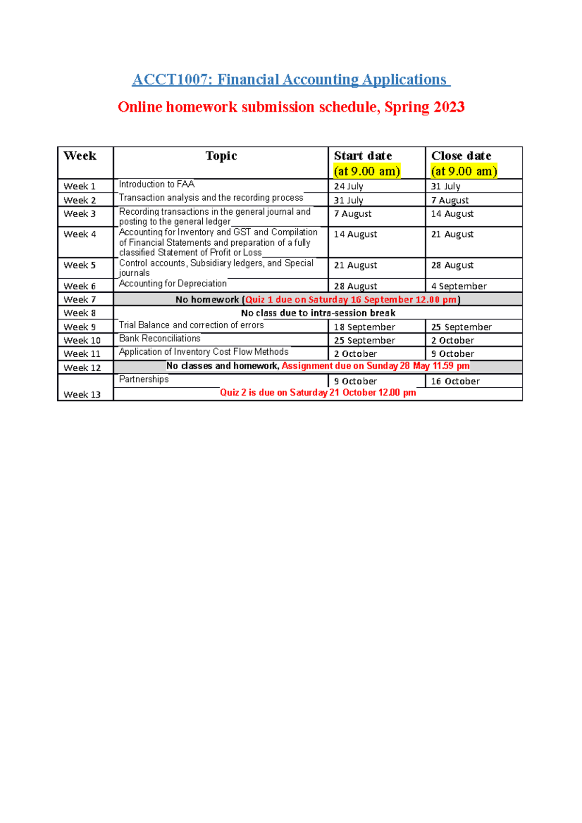 Online homework submission schedule - ACCT1007: Financial Accounting ...