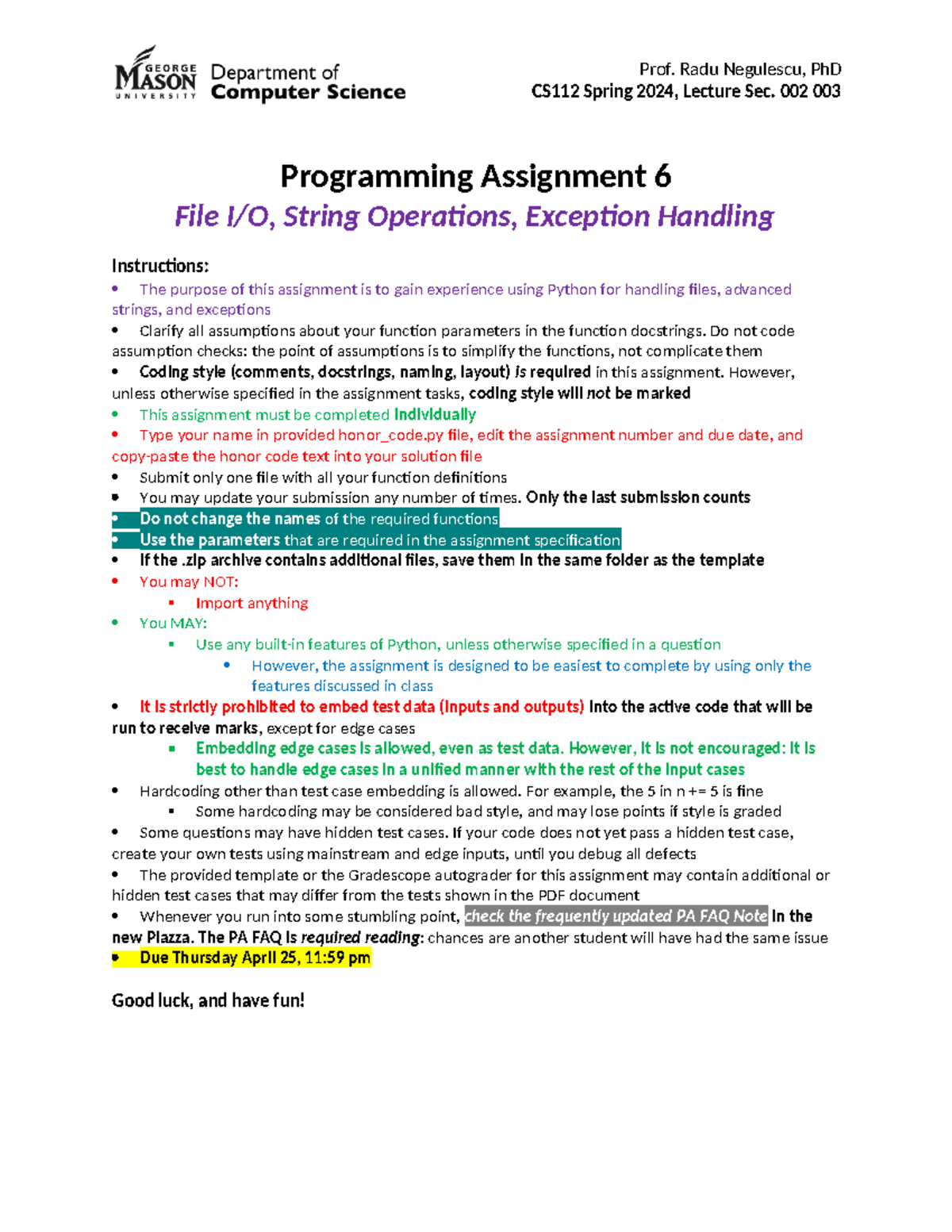 PA6 spaces - cs 112 notes. - Prof. Radu Negulescu, PhD CS112 Spring ...