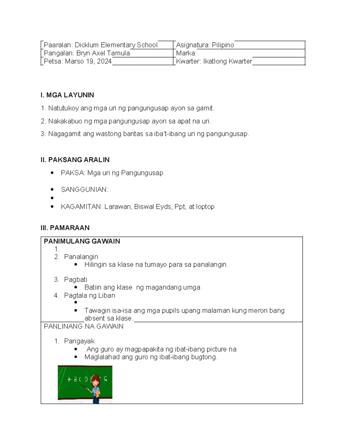 Filipino Lesson PLAN - Uri ng Pangungusap - Paaralan: Dicklum ...