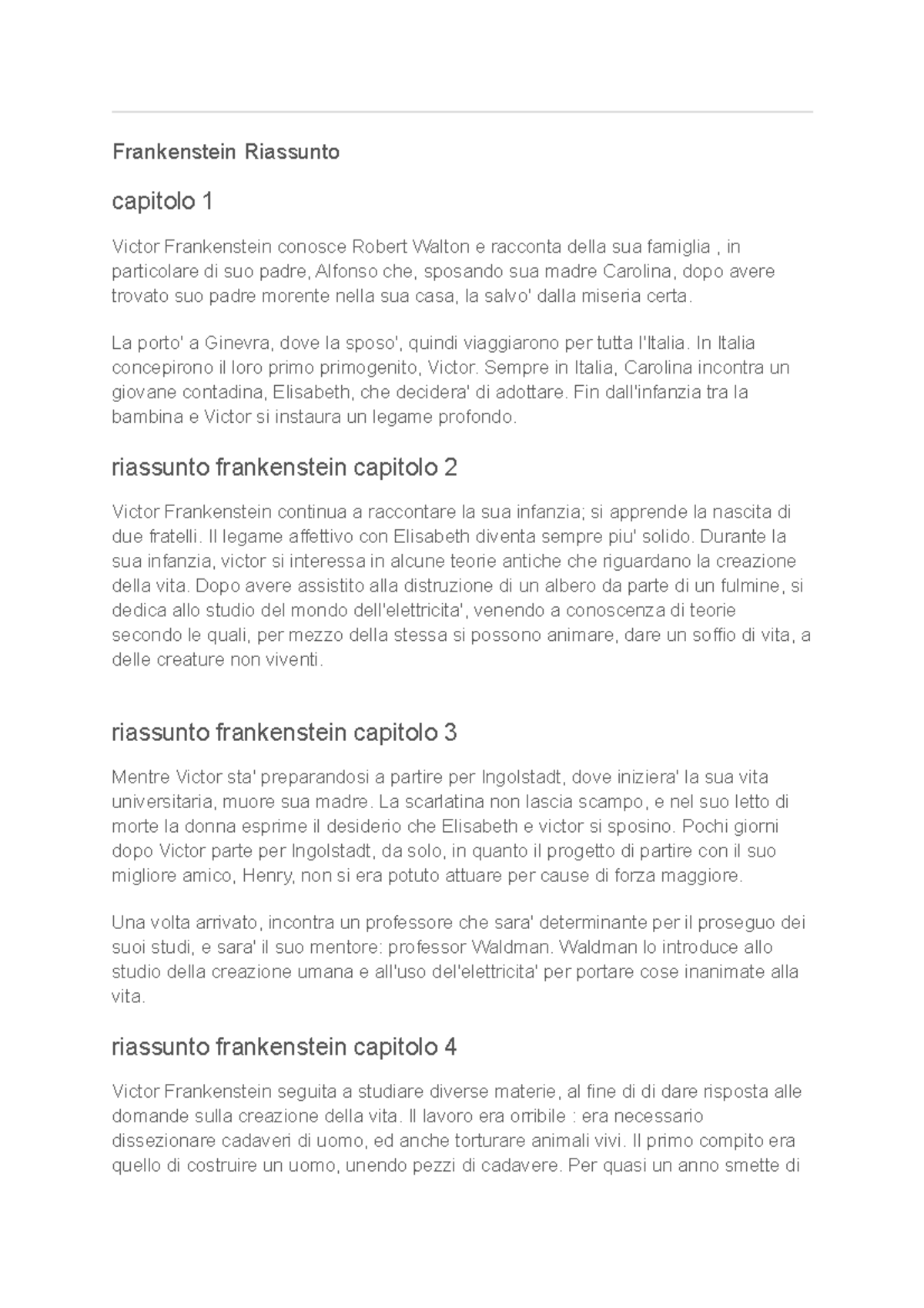 Frankenstein Riassunto - Frankenstein Riassunto capitolo 1 Victor ...