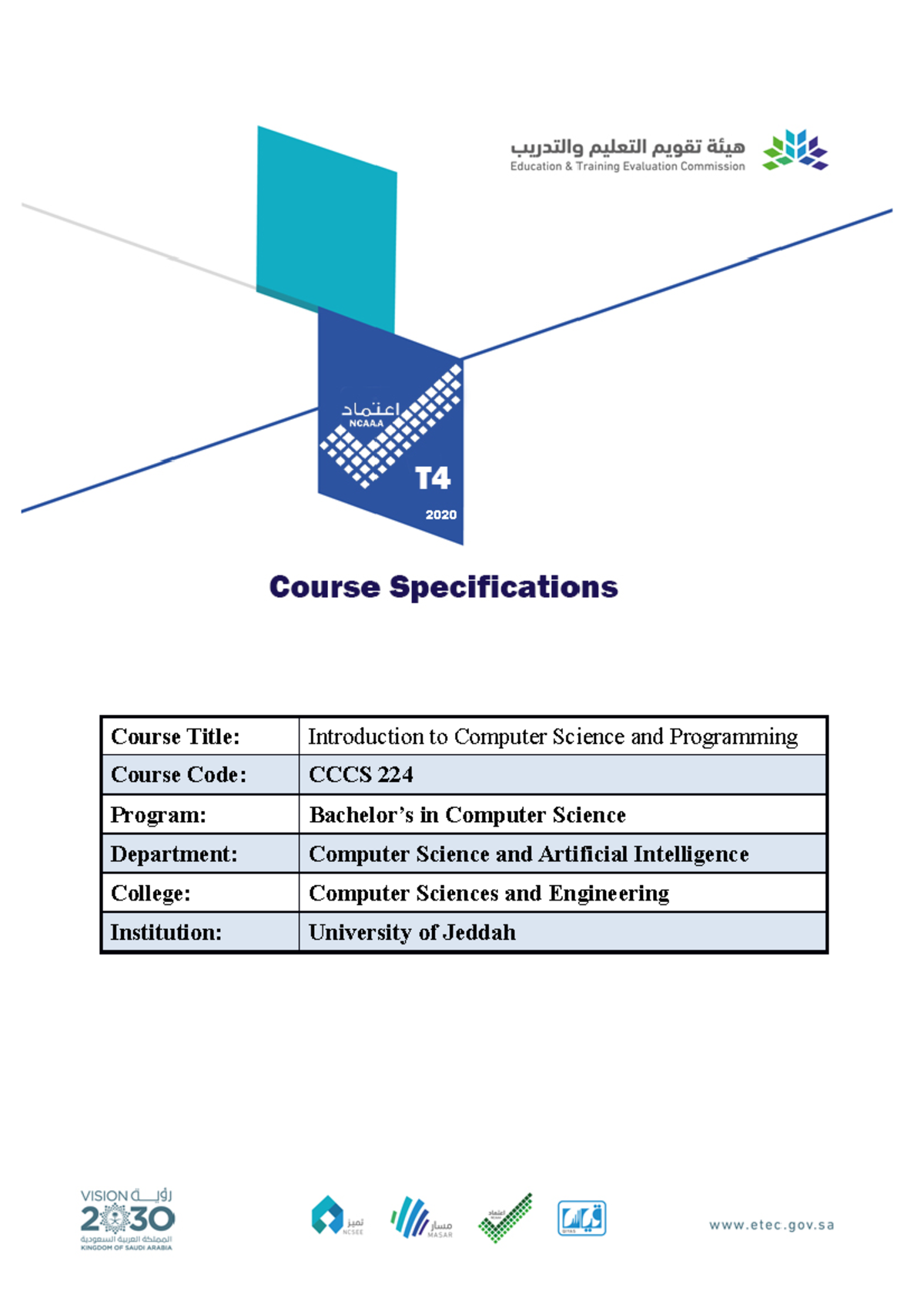Ncaaa T4 course spec cccs-224 2020 3 - Data Structure - KAU - Studocu