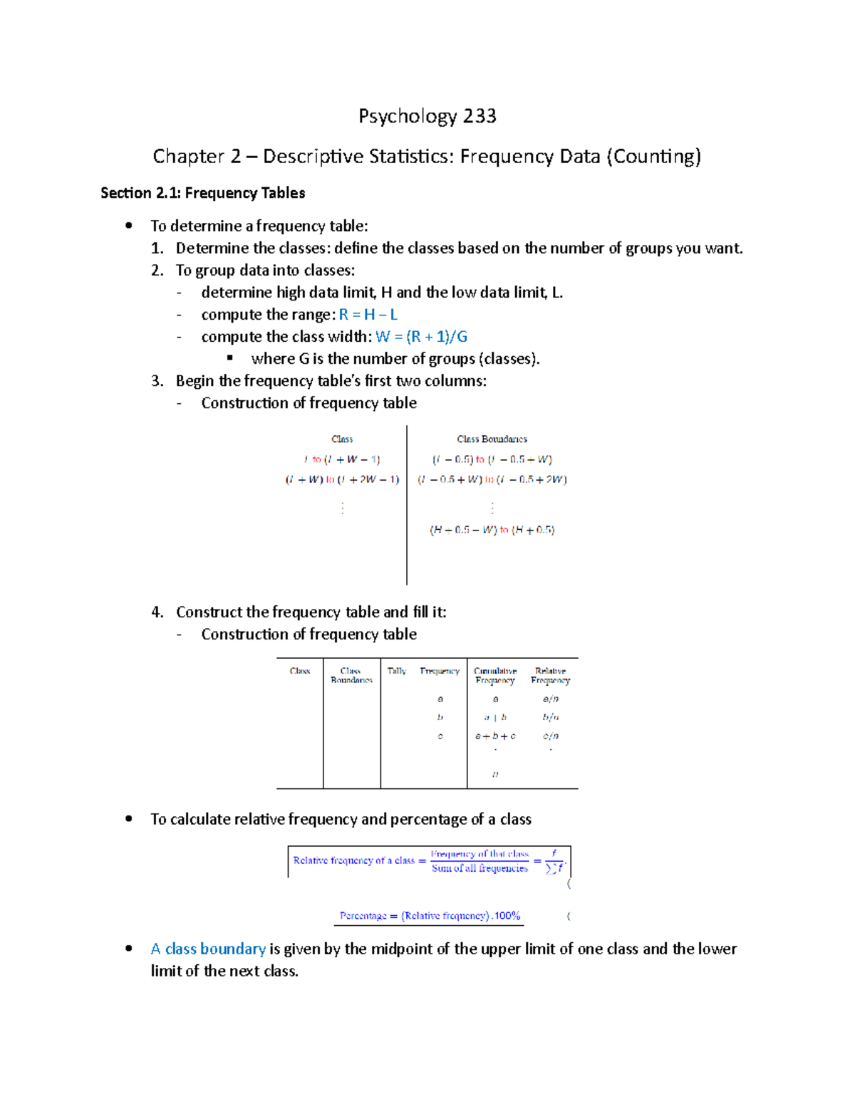 Chapter 2 - Descriptive Statistics - Frequency Data (Counting) - Psychology 233 Chapter 2 ...