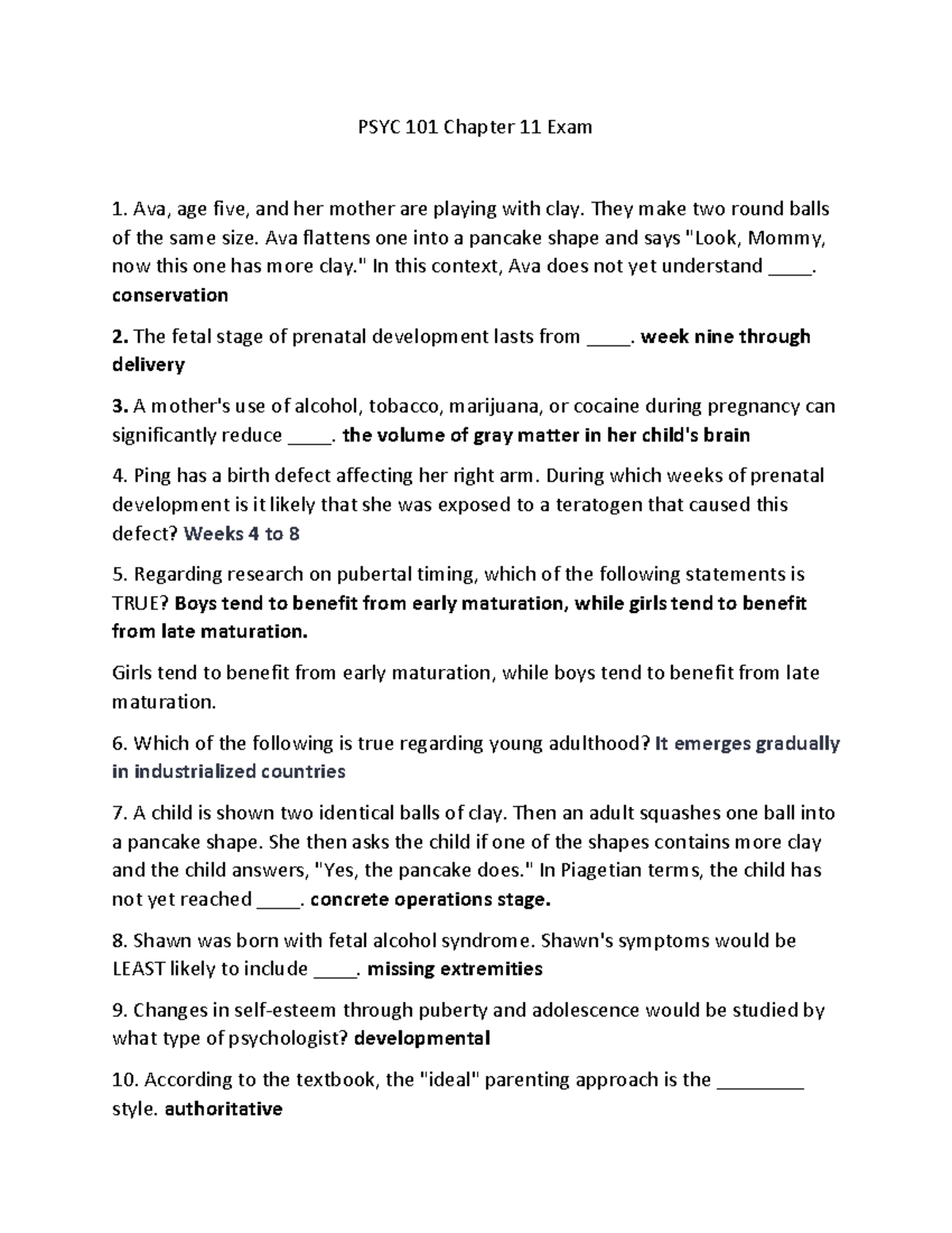 PSYC 101 Ch 11 + 13 Exam Questions - PSYC 101 Chapter 11 Exam Ava, age ...