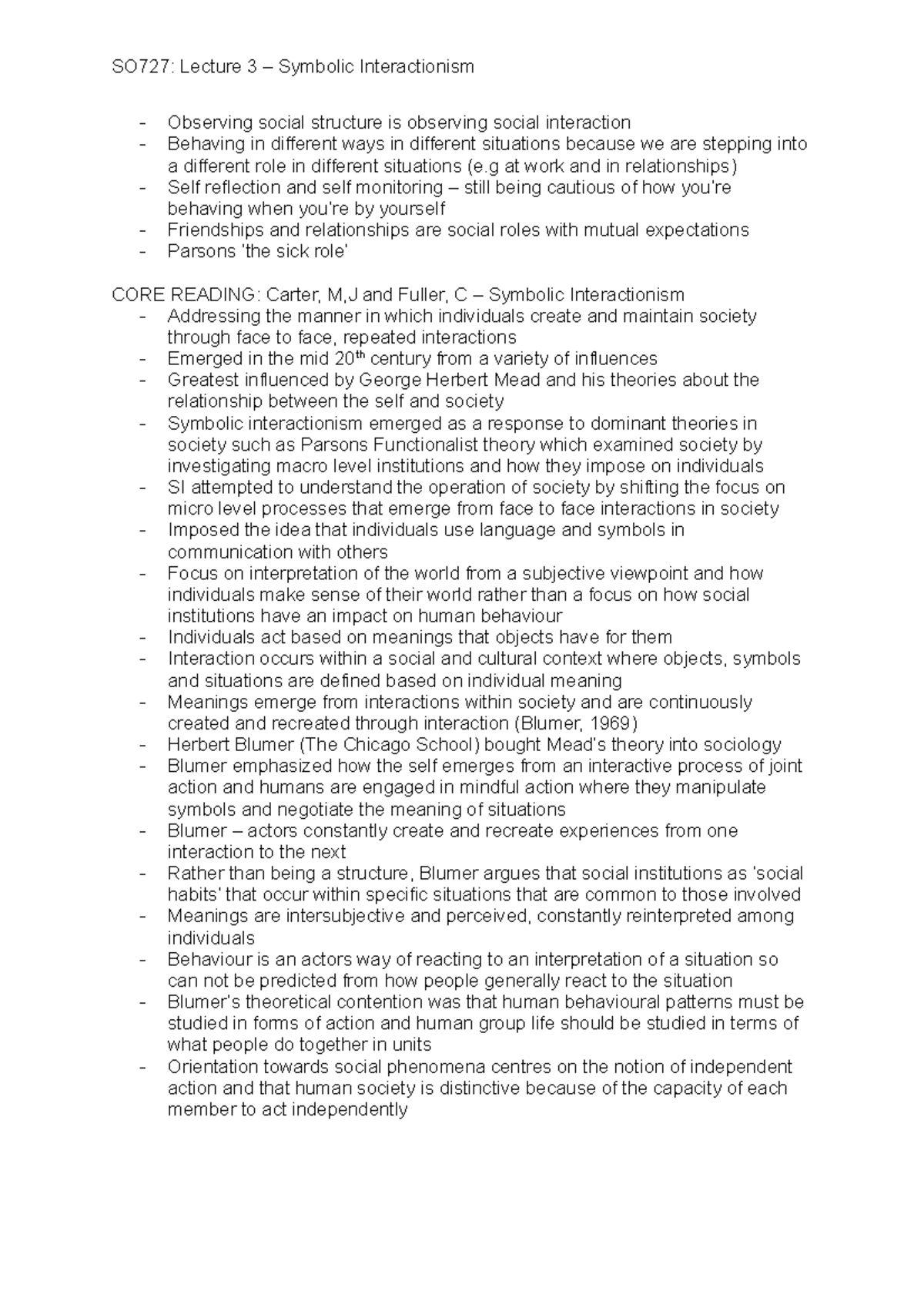 Week 3 - Symbolic Interactionism - SO727: Lecture 3 – Symbolic ...