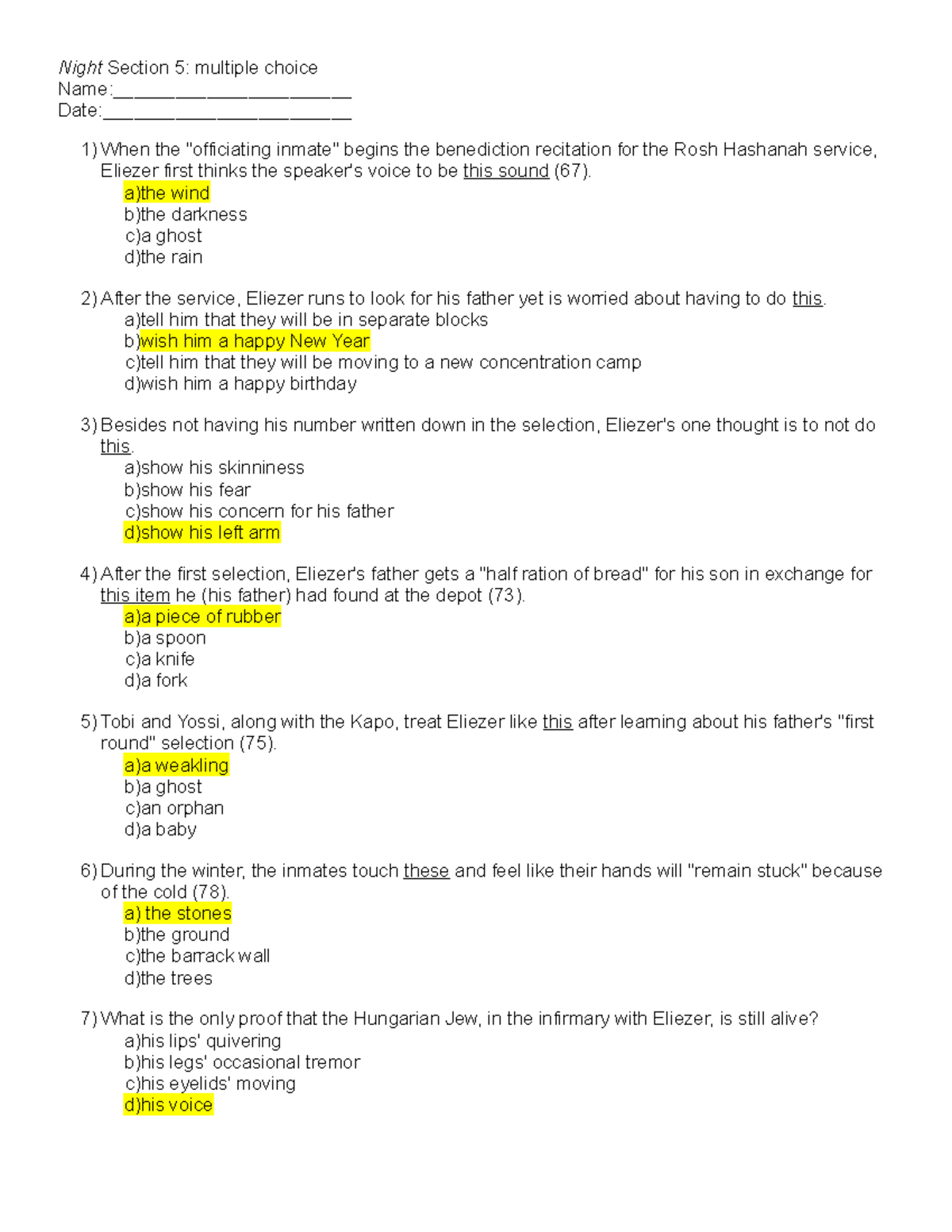 Night Ch. 5 Multiple Choice - Night Section 5: multiple choice Name