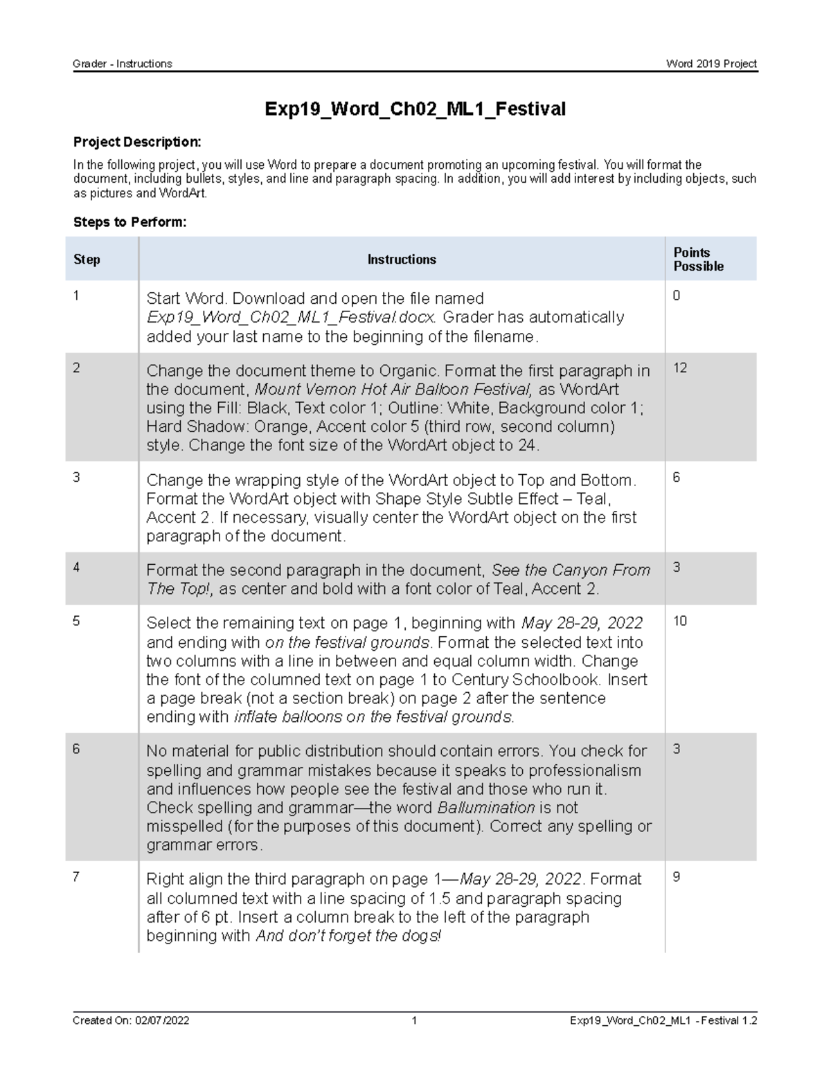 Exp19 Word Ch02 ML1 Festival Instructions - Grader - Instructions Word 2019 Project - Studocu