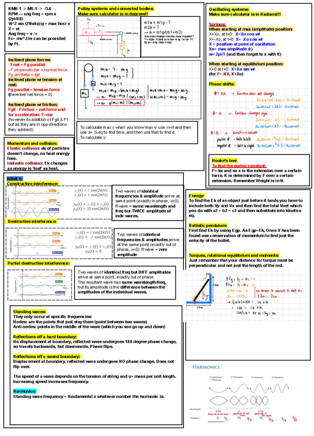 Cheat sheet physics test 1 - KMH-1 -> MS-1 -> /3. RPM → ang freq = rpm ...