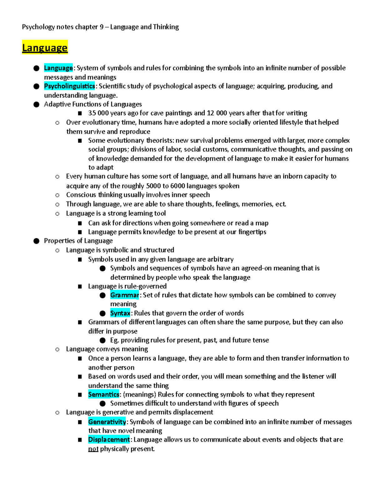 Psychology Chapter 9: Language and Thinking - Studocu