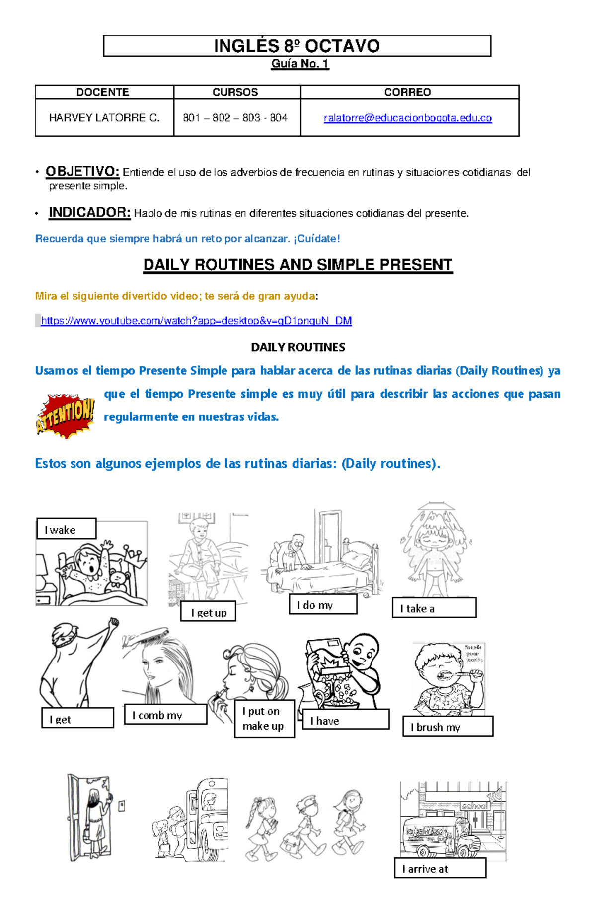 8º Inglés 1 - INGLÉS 8º OCTAVO Guía No. 1 DOCENTE CURSOS CORREO HARVEY ...