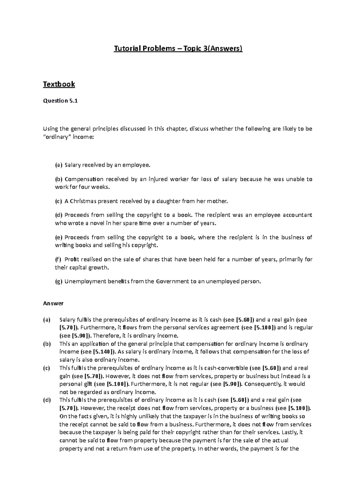 Tutorial Problems- Income - Answers - Tutorial Problems – Topic 3(Answers) Textbook Question 5 ...