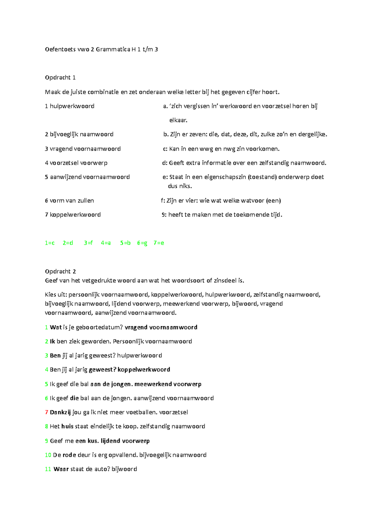 Oefentoets vwo 2 Grammatica H 1 t - 1 hulpwerkwoord a. ‘zich vergissen in’ werkwoord en ...