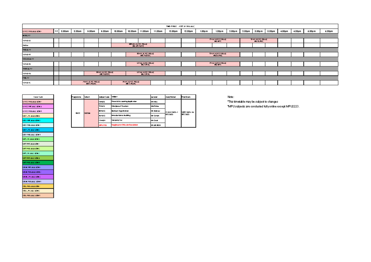 DACC AUG 22 Timetable Sem 4 - DACC AUG 2022 SEM 4 NO 8 8 9 9 10 10 11 ...