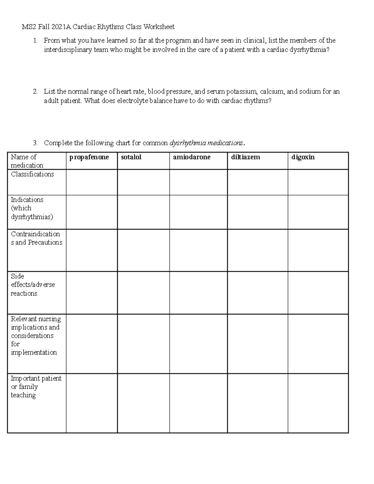Cardiac Rhythms Worksheet F2021A - MS2 Fall 2021A Cardiac Rhythms Class ...