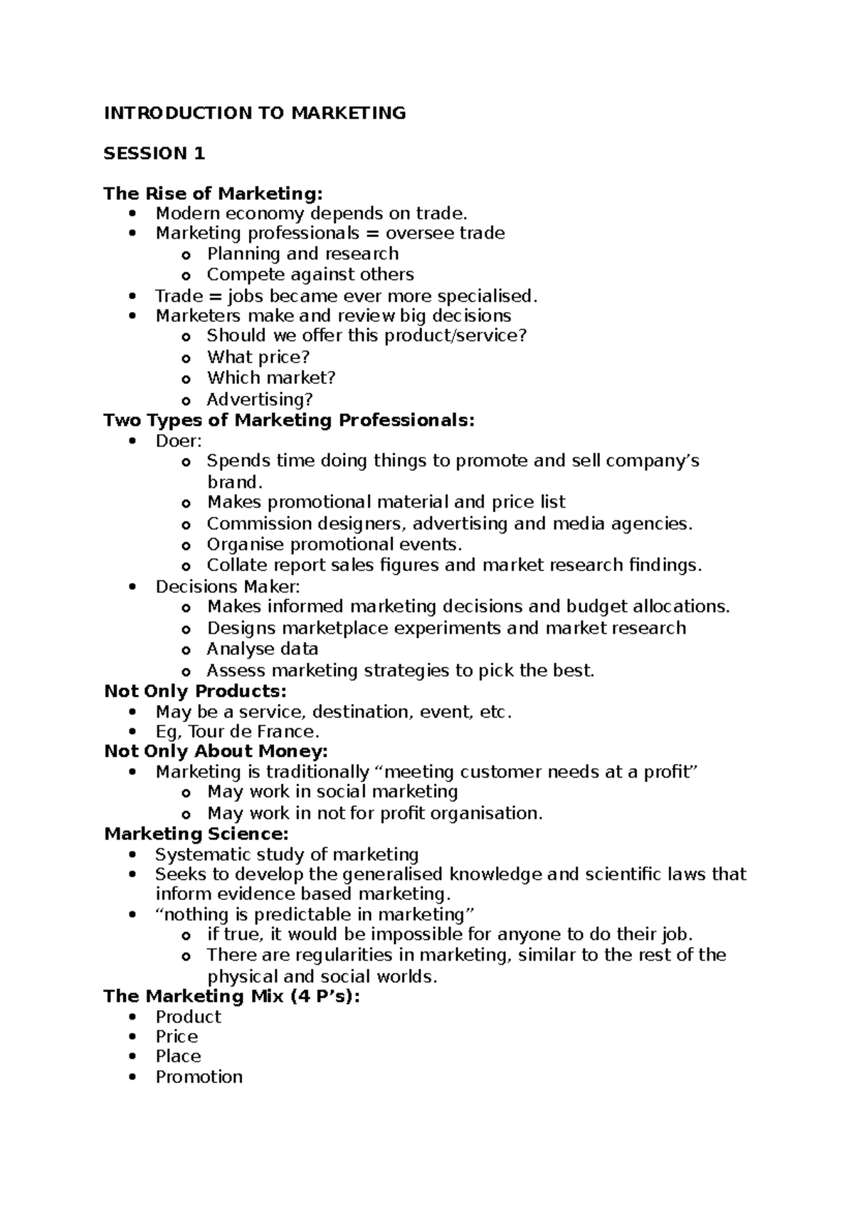 Introduction to Marketing - Lecture Notes 1-7 - INTRODUCTION TO ...