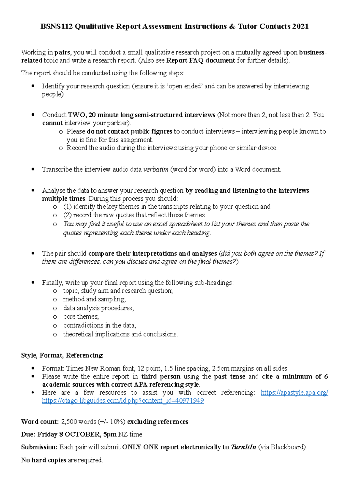 BSNS112 Qualitative Report Guide 2021 - Interpreting Business Data - University of Otago - Studocu