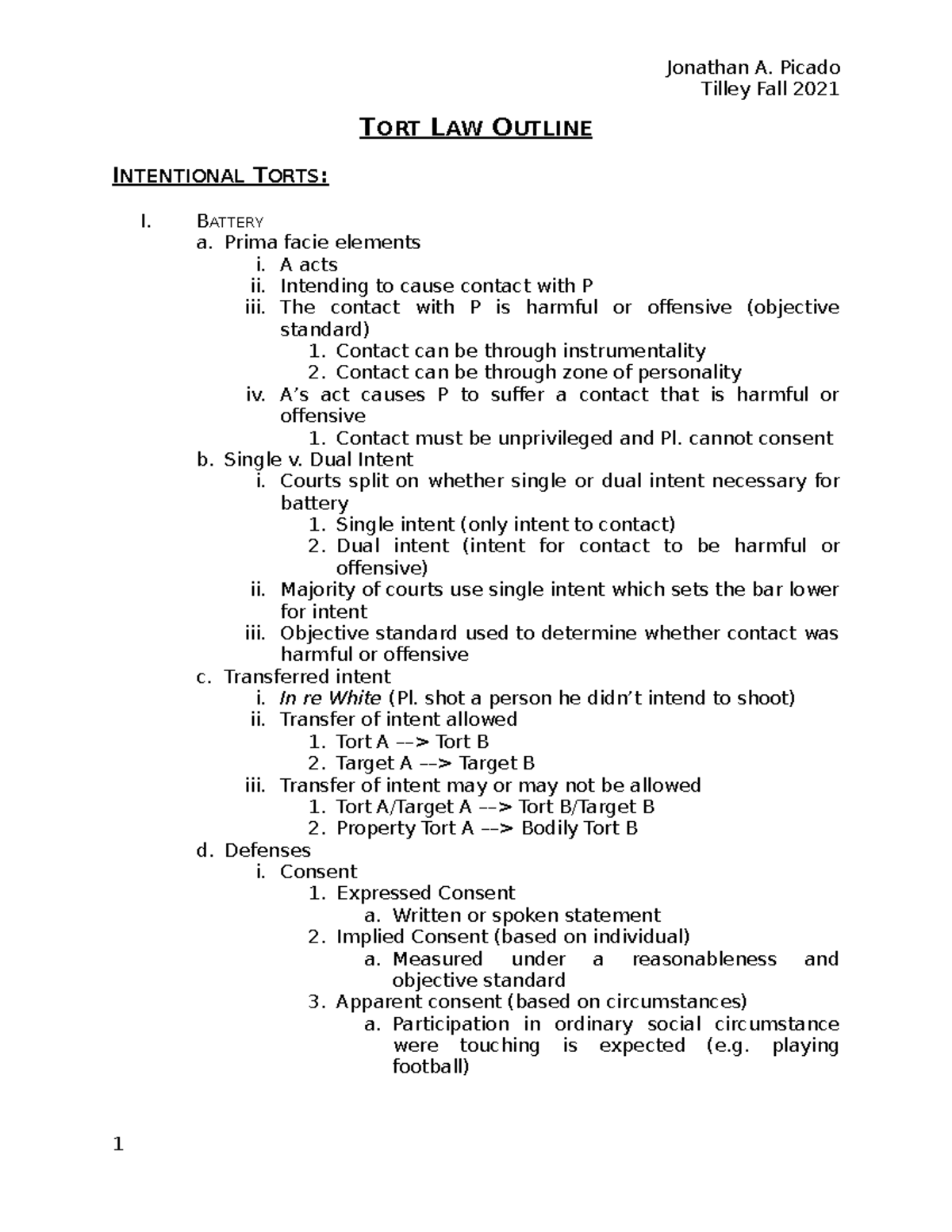 Tort Law Outline - Tilley Fall 2021 TORT LAW OUTLINE INTENTIONAL TORTS ...