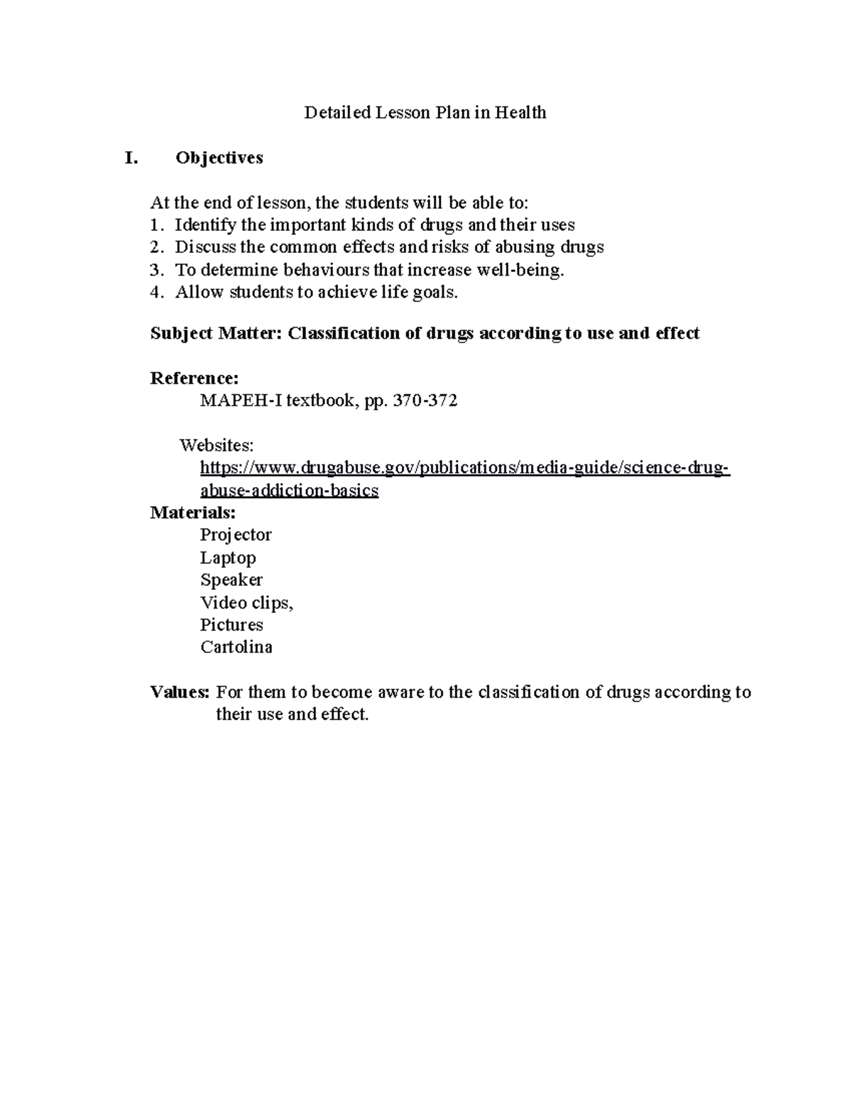 Detailed lesson plan in health - Detailed Lesson Plan in Health I ...