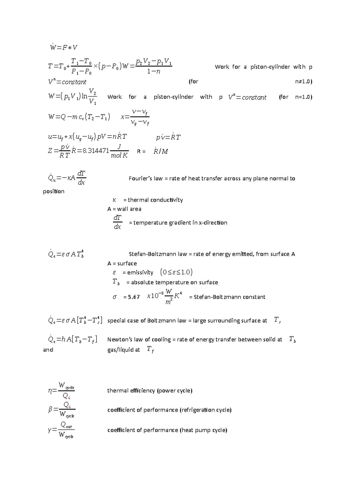 Word document formules voor Thermodynamica deel - ̇ W=F∗V T=T 0 + T 1 − ...
