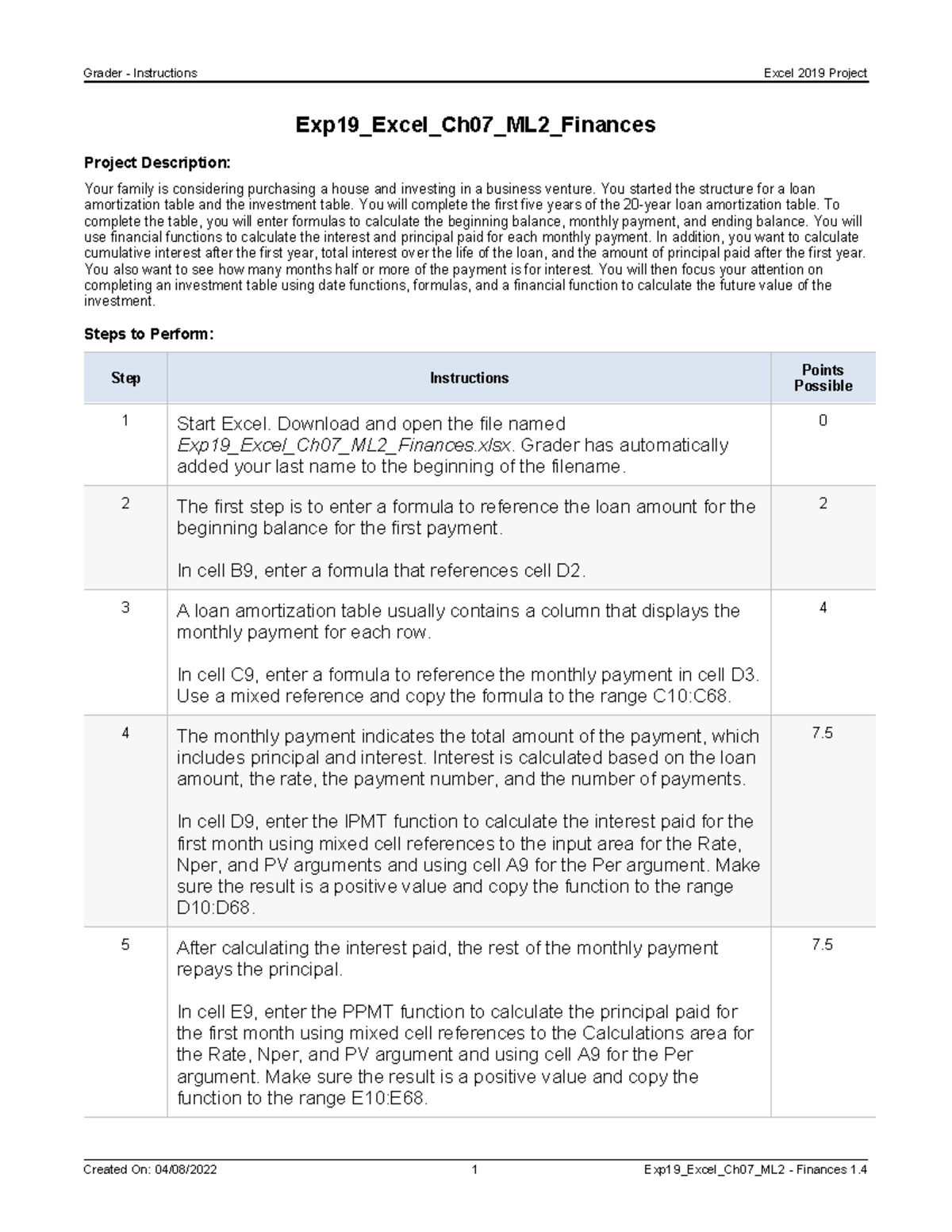 Exp19 Excel Ch07 ML2 Finances Instructions - Exp19_Excel_Ch07_ML2_Finances Project Description ...