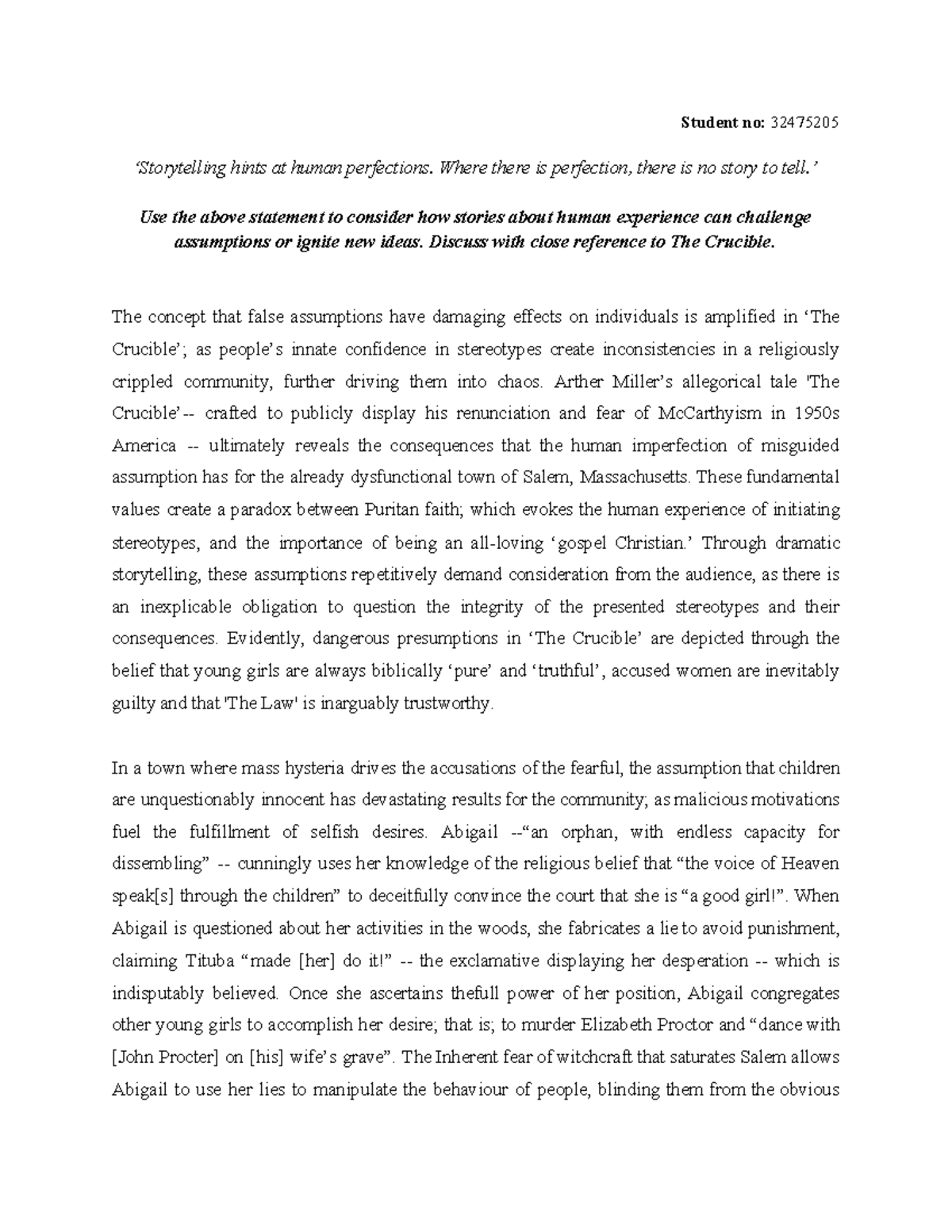 Common Module - The Crucible Essay Assessment Task - Student no ...