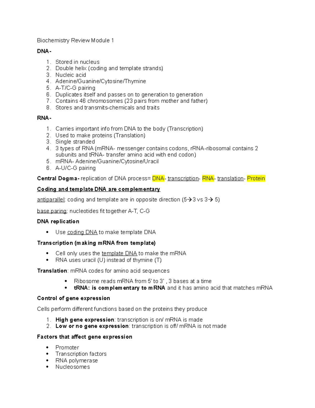 bio chem notes module 1 - Biochemistry Review Module 1 DNA- Stored in ...