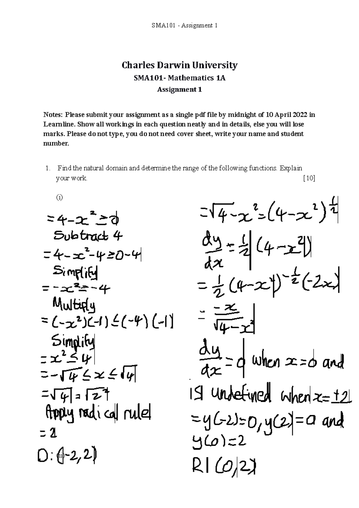 SMA101-Assignment 1 - SMA101-Assignment 1 - Charles Darwin University SMA101- Mathematics 1A ...