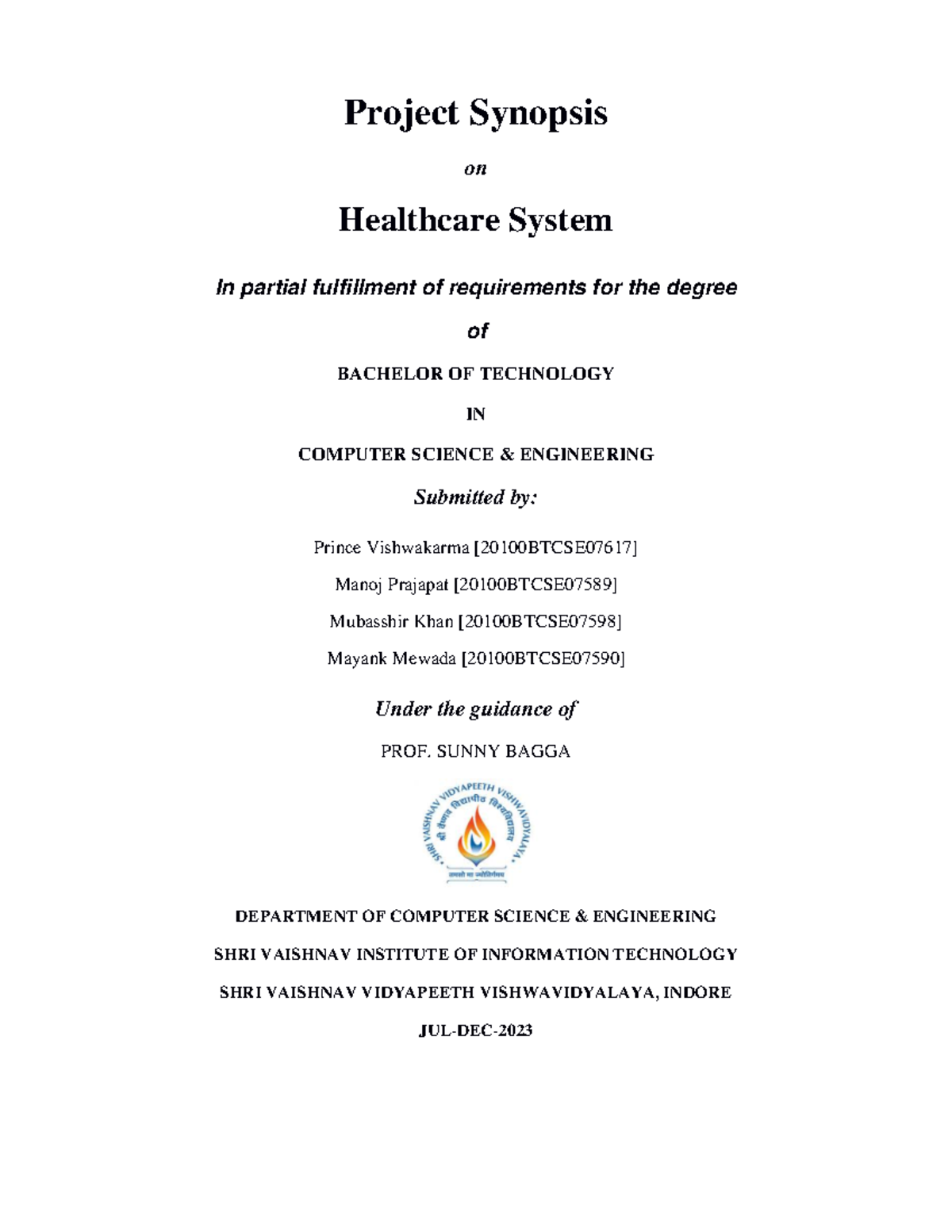 Project Synopsis health care-1 - Project Synopsis on Healthcare System ...