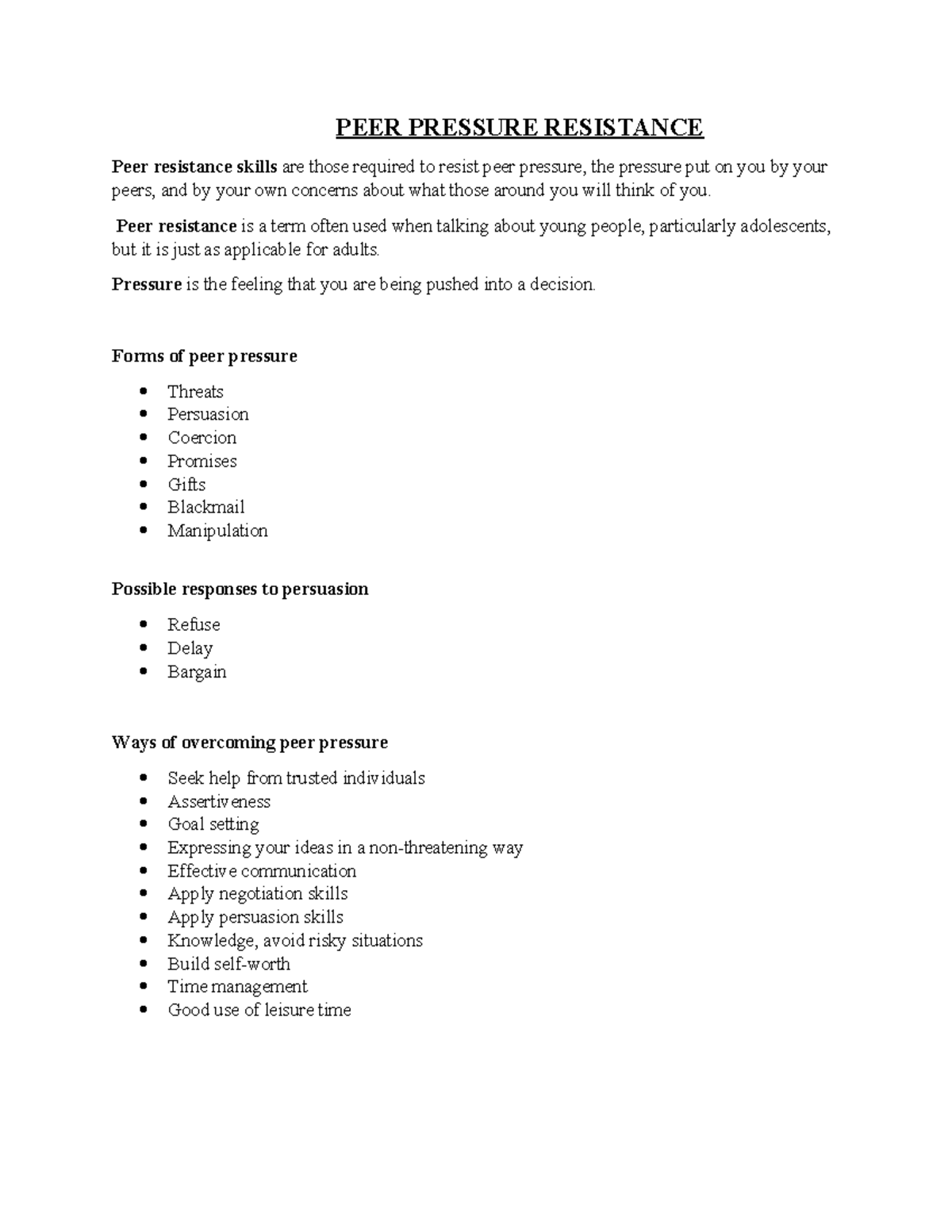 PEER Pressure Resistance-1 - PEER PRESSURE RESISTANCE Peer resistance ...