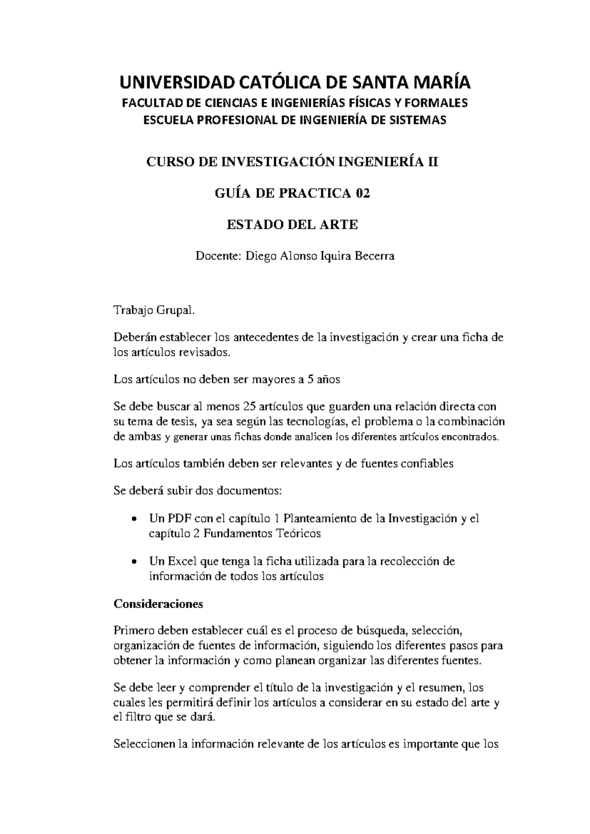 Guia Practica 2 - UNIVERSIDAD CAT”LICA DE SANTA MARÕA FACULTAD DE CIENCIAS E INGENIERÕAS FÕSICAS ...