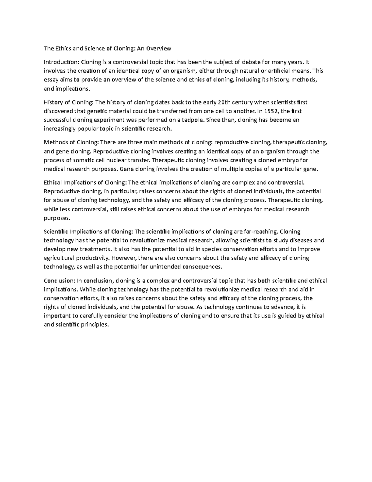 The Ethics and Science of Cloning - It involves the creation of an ...