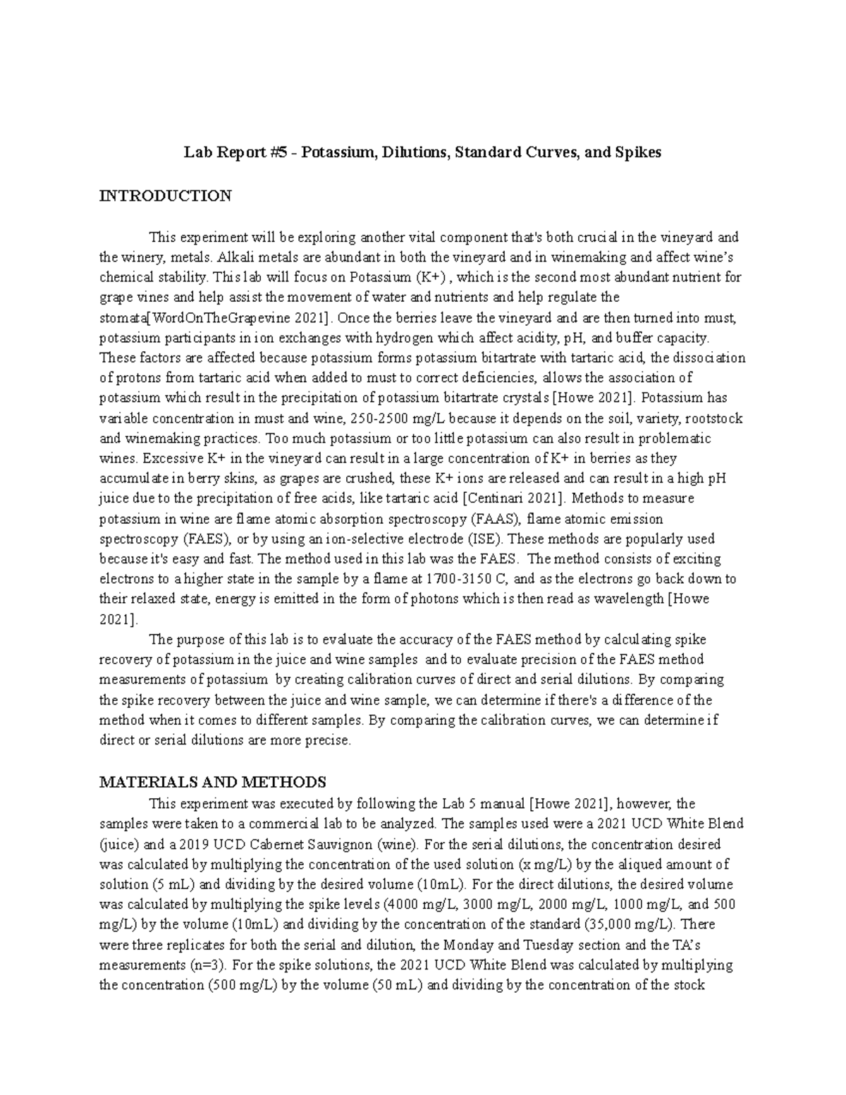 VEN 123L Lab Report #5 - Potassium - Lab Report #5 - Potassium ...
