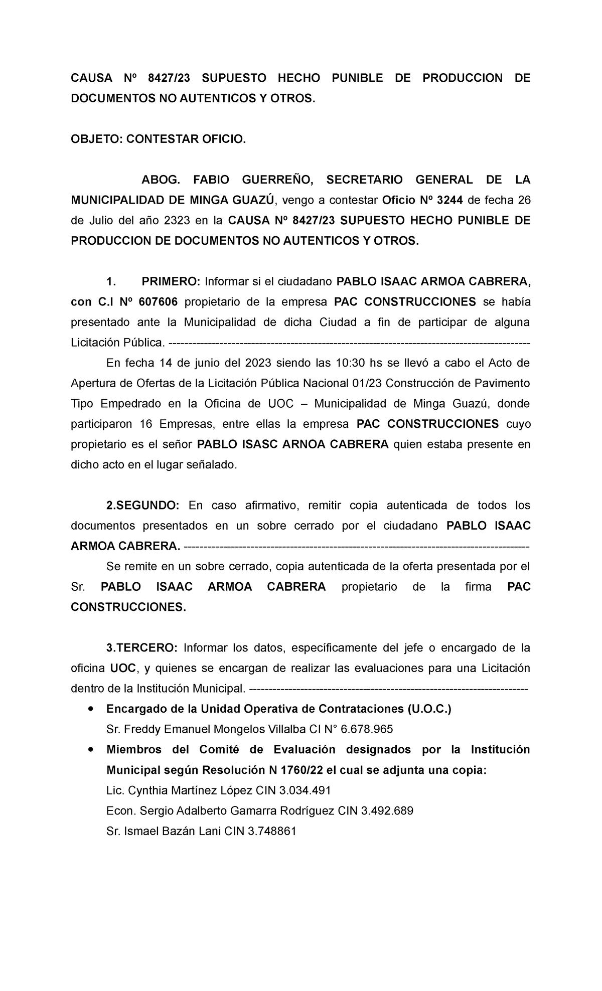 Contestar Oficio - escrito practica - CAUSA Nº 8427/23 SUPUESTO HECHO ...