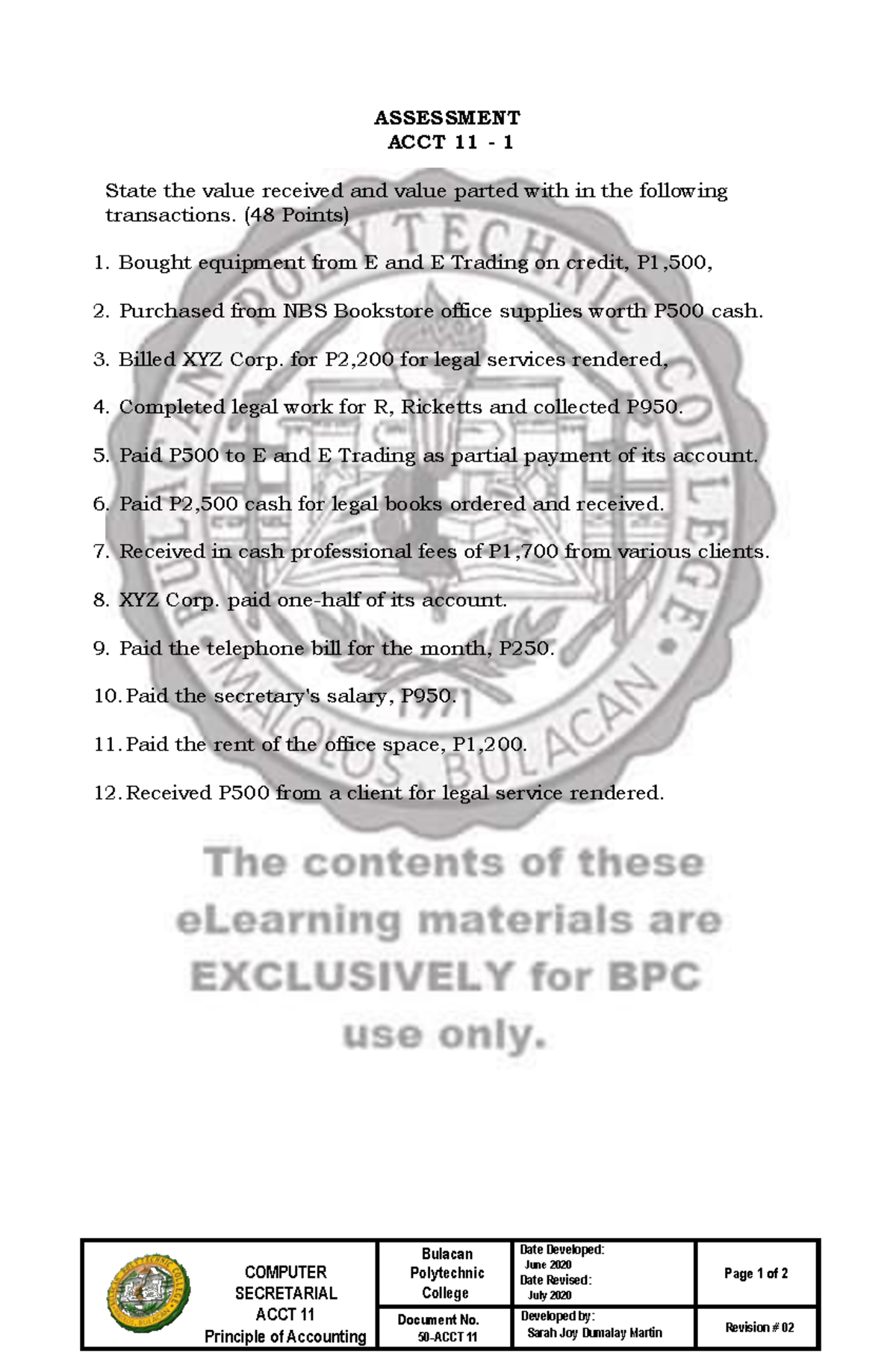 CS ACCT 11 - Assessment ACCT 11 - 1 - **COMPUTER SECRETARIAL ACCT 11 ...
