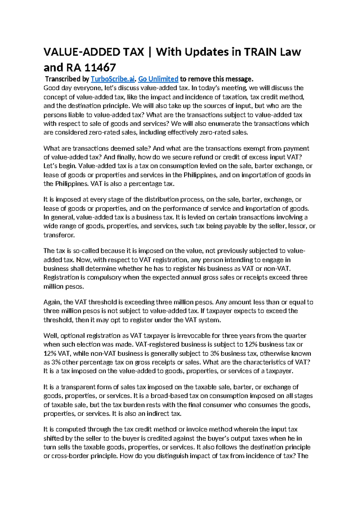 Value- Added TAX With Updates in Train Law and RA 11467 - VALUE-ADDED ...