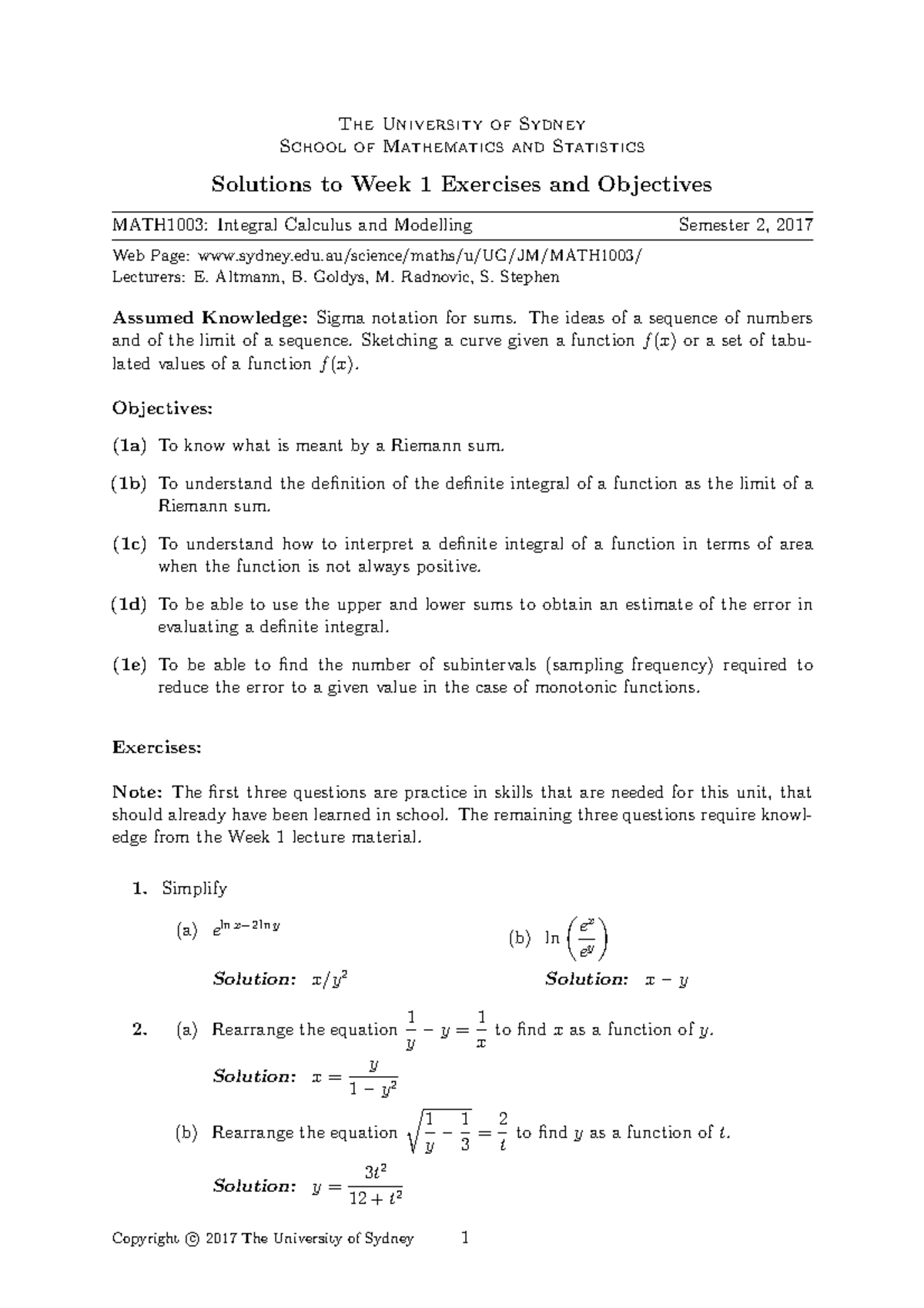 Tutorial questions and solutions - The University of Sydney School of ...